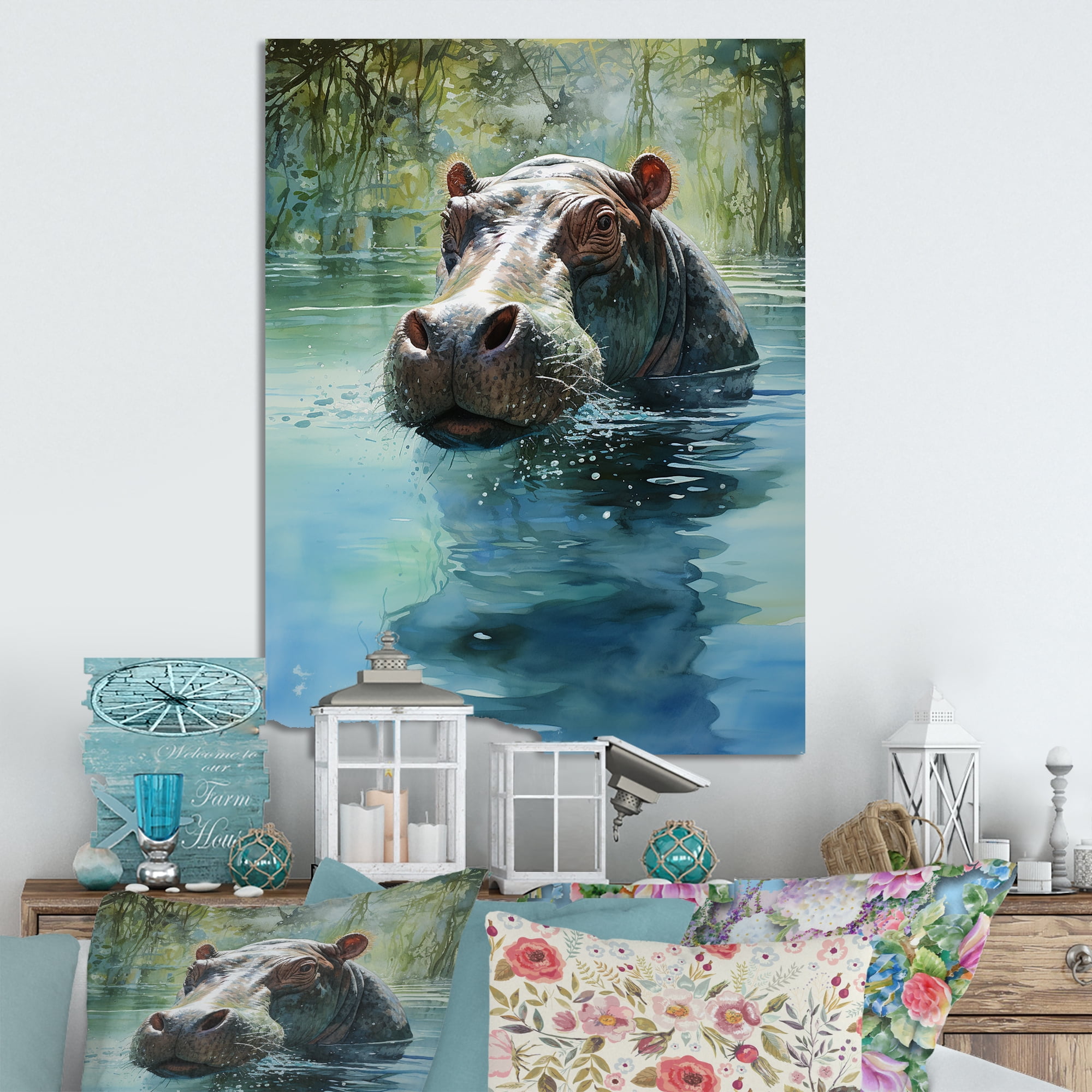 Designart "Grey Powerful hippo Waters Reflect II In Grey and Blue ...