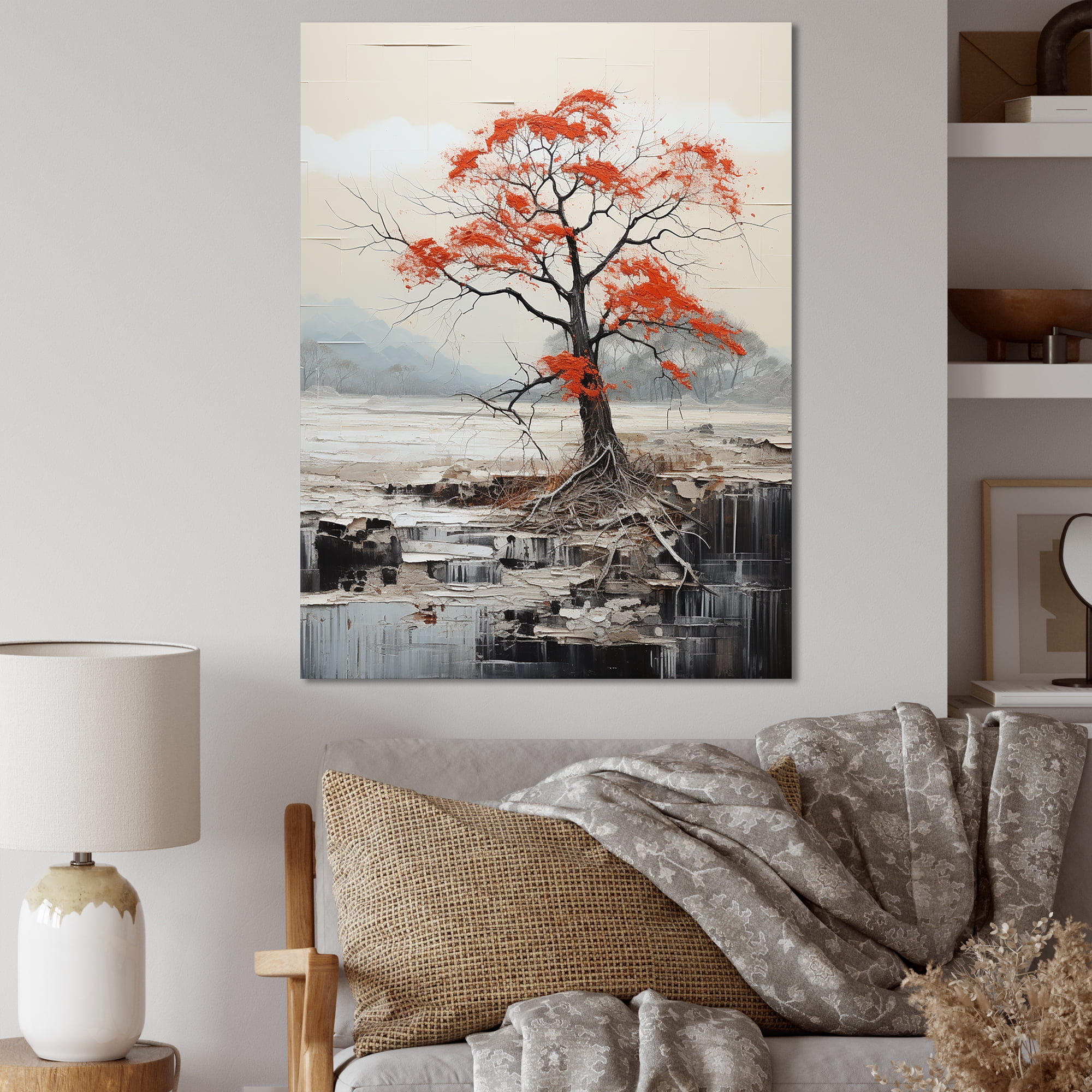 Designart "Grey Red Minimalism Tree silence II" Minimalism Wall Art ...