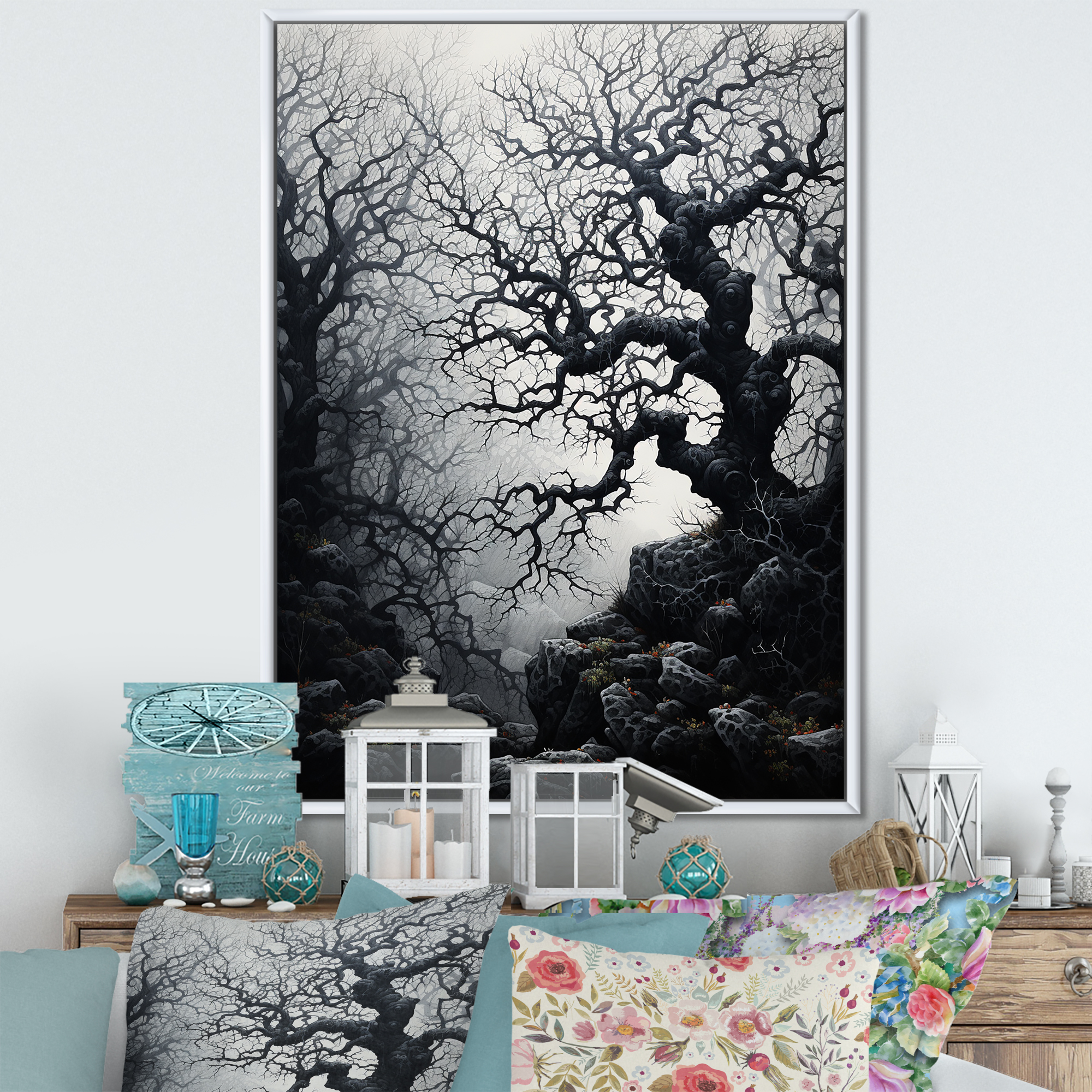 Designart "Grey Tree Eternal Forms II" Landscape Trees Floater Framed ...