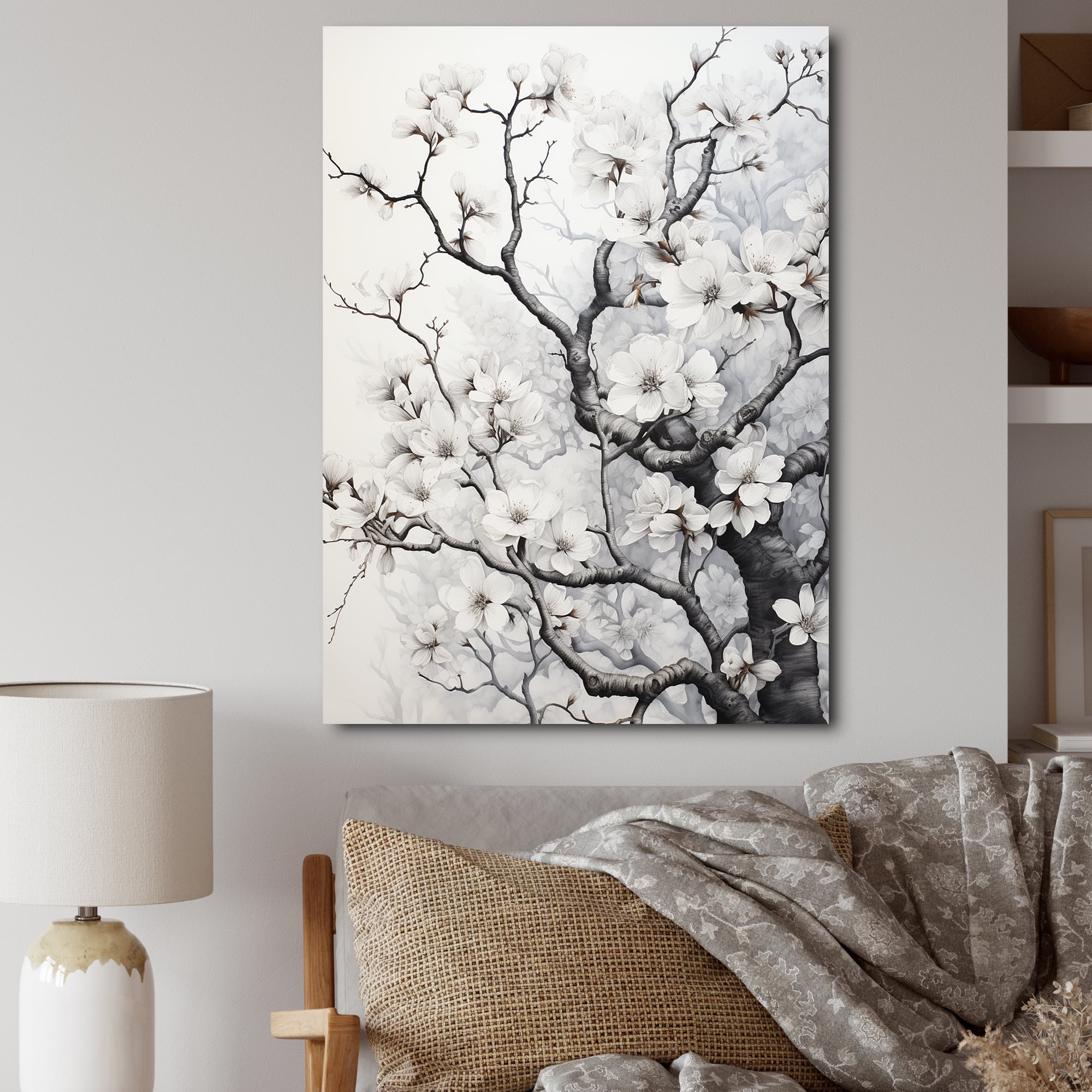 Designart "Grey White Tree Graphite I" Landscape Trees Wall Art Print ...