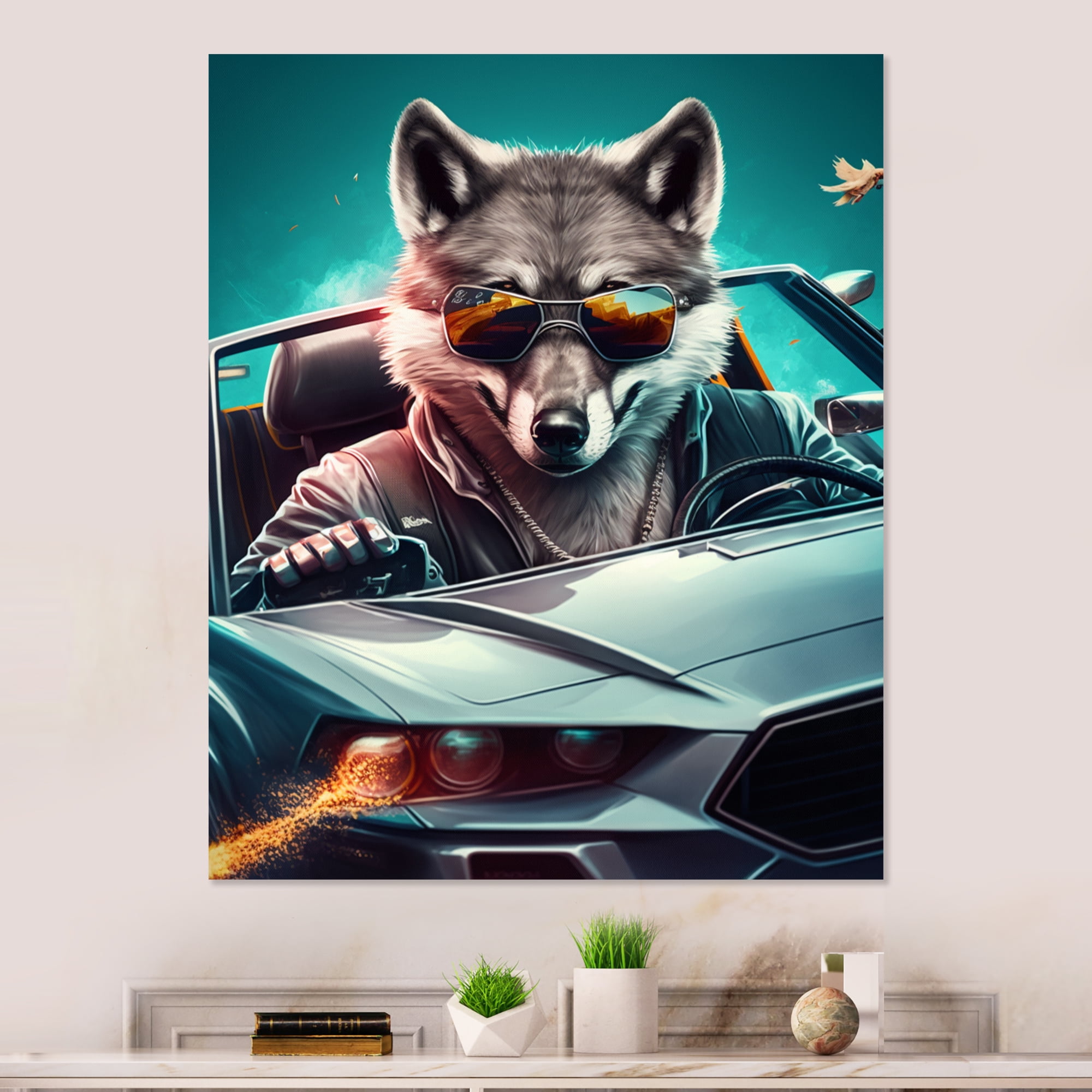 Designart "Grey Wolf Wearing Sunglassesin Sportscar" Animals Wolf Wall ...