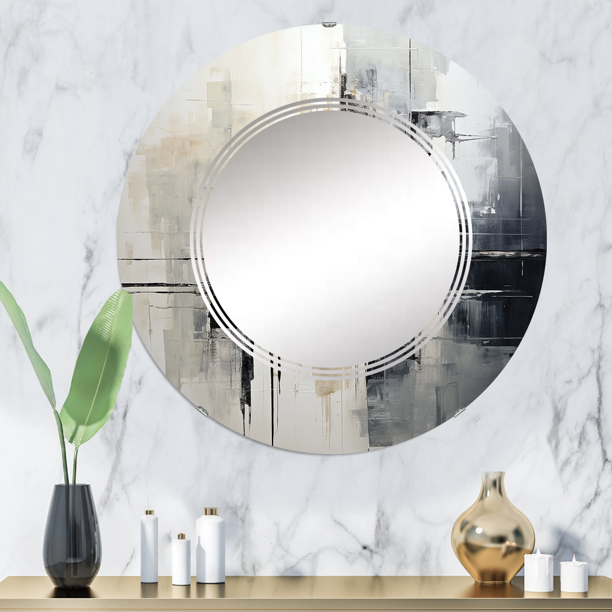 Designart "Grey composition Reflections I" Abstract Collages Round Wall ...