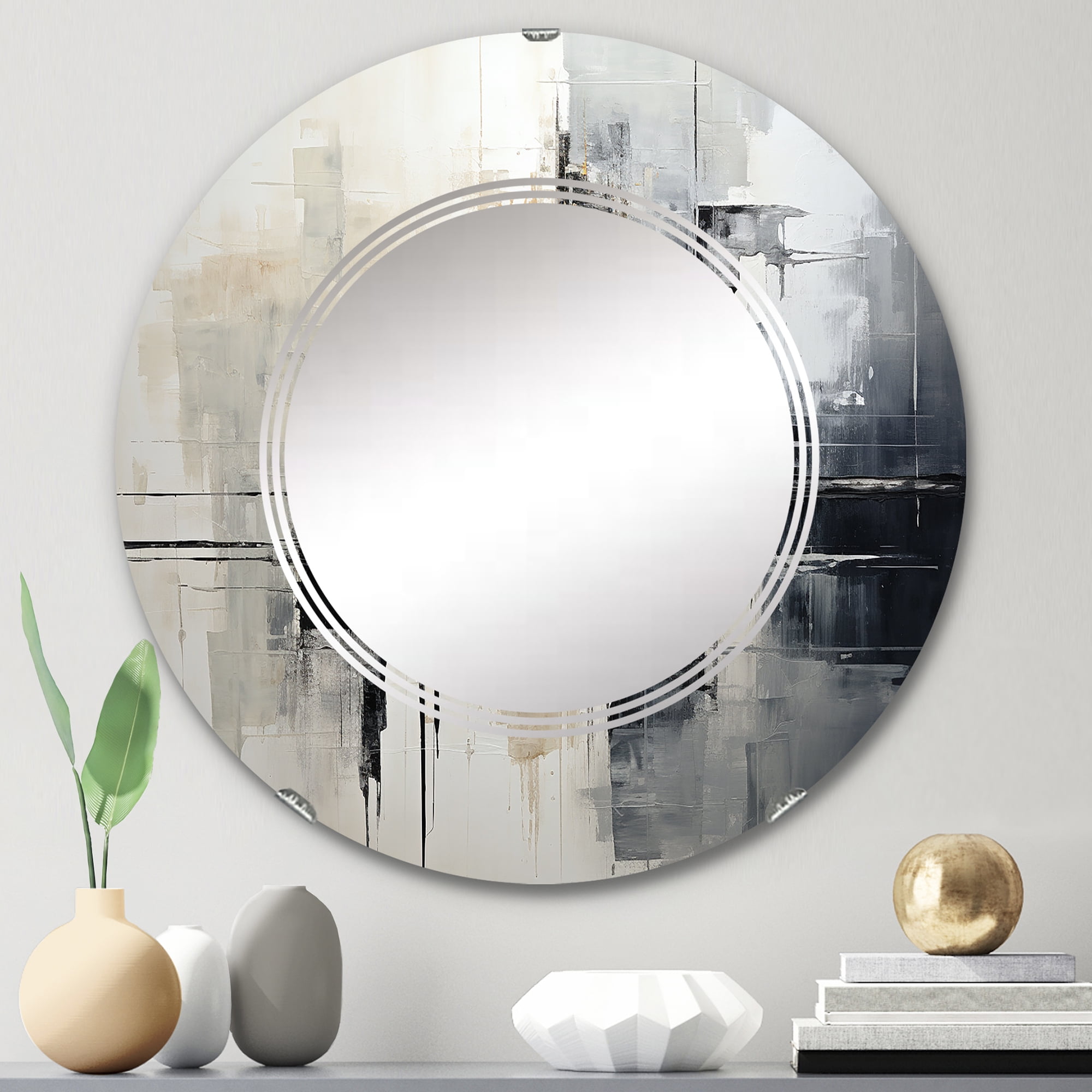 Designart "Grey composition Reflections I" Abstract Collages Round Wall ...