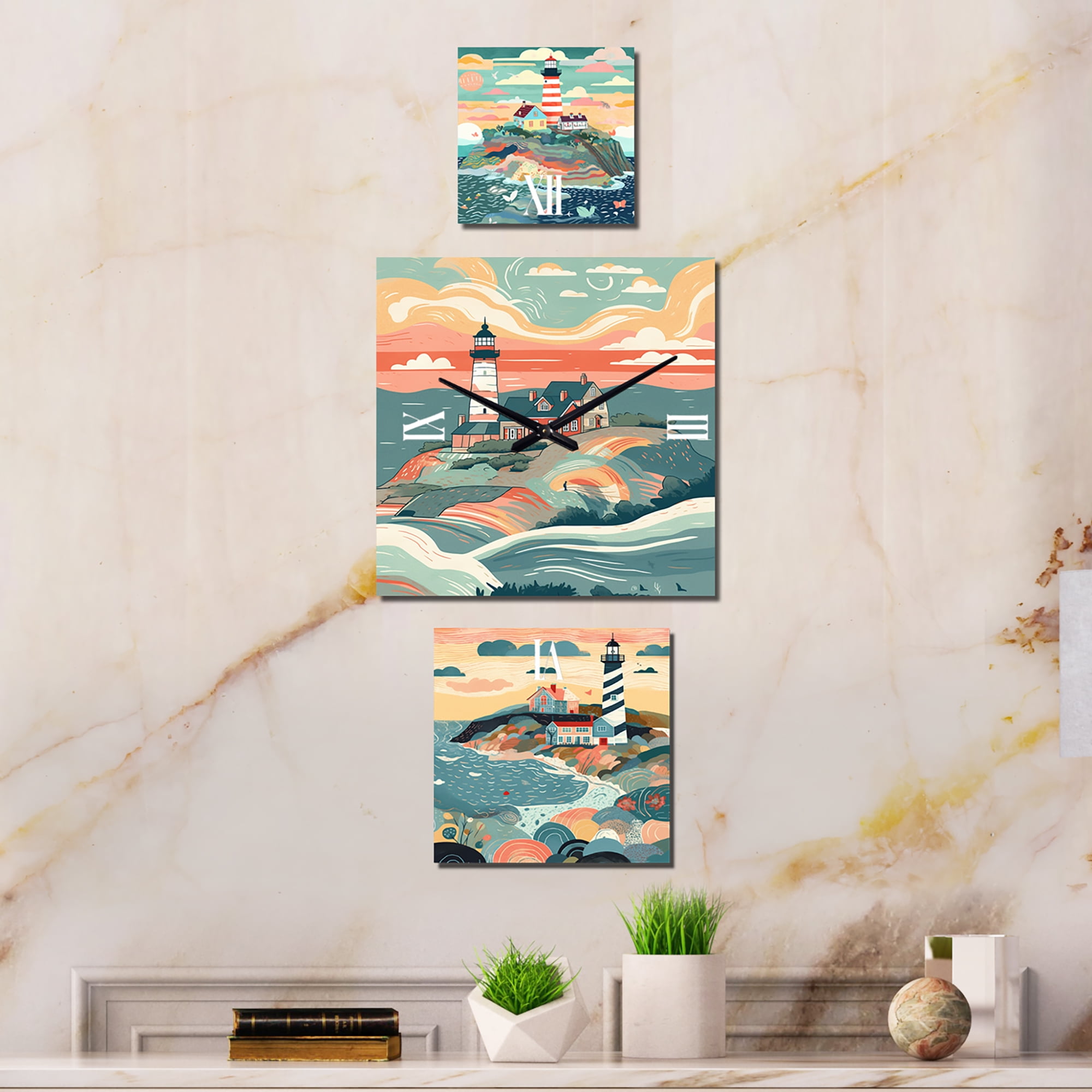 Designart "Guiding Light by the Coast IV" Coastal Multipanel Clock For ...