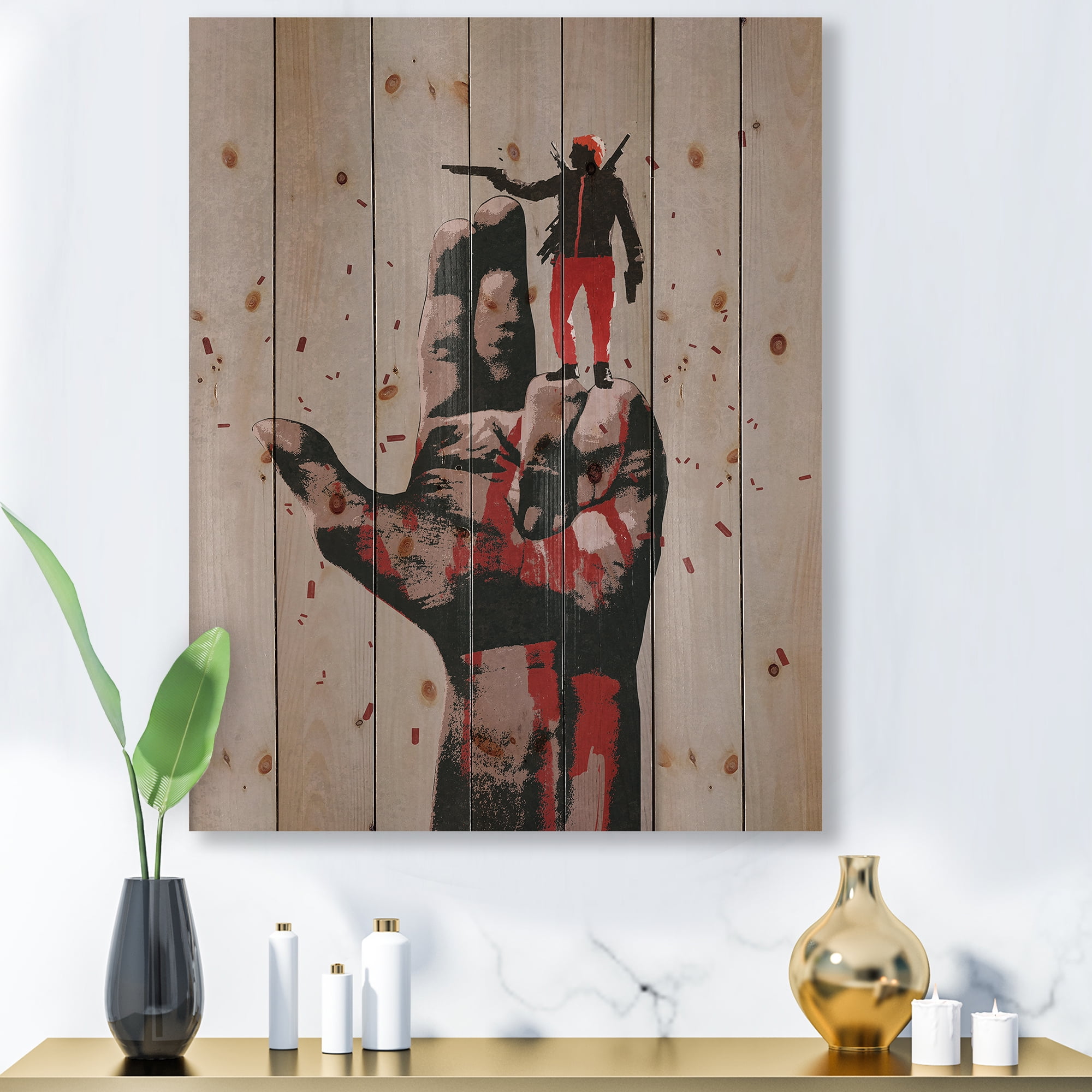 Designart 'Gun Hand Sign With Man Shooting Gun' Modern Print on Natural ...