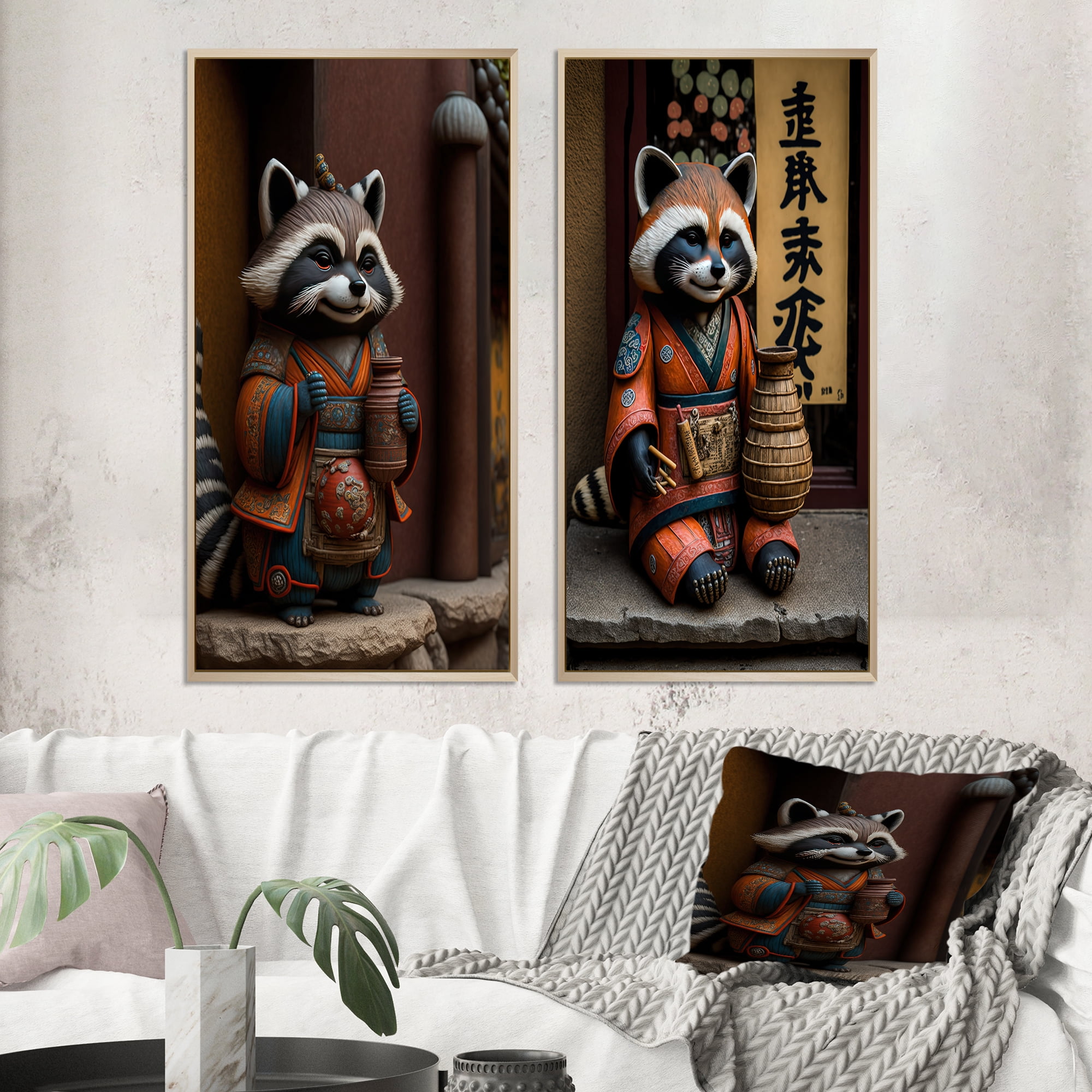 Designart "Happy Tanuki in Terracotta Tone I" Animals Raccoon Framed ...