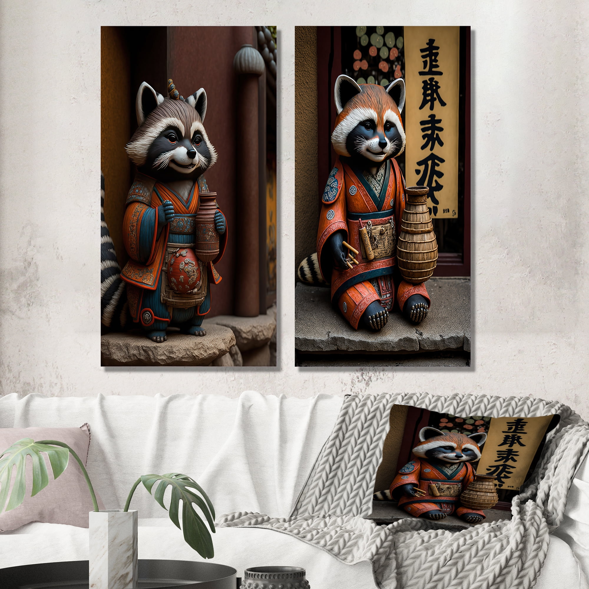 Designart "Happy Tanuki in Terracotta Tone I" Animals Raccoon Wall Art ...