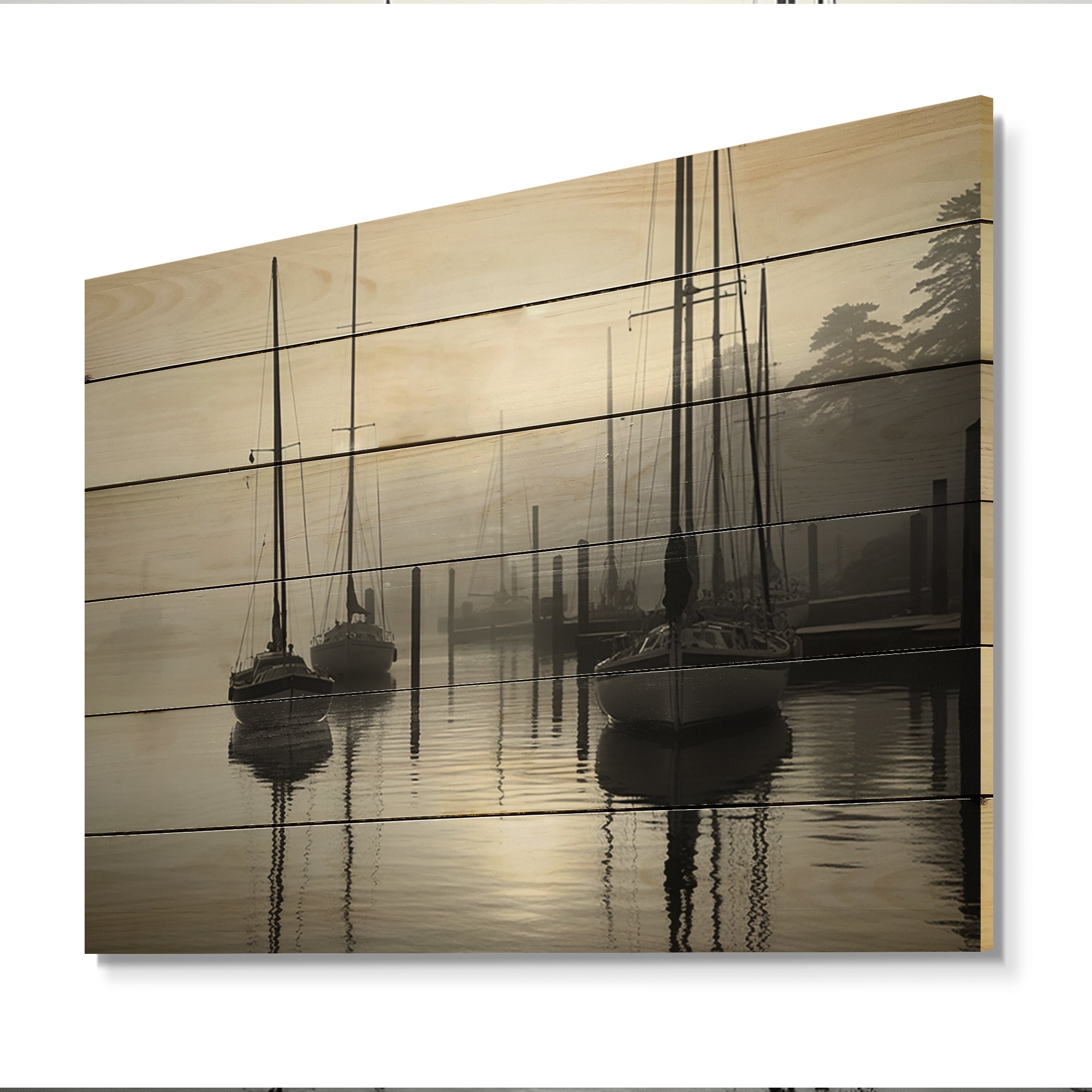 Designart "Harbor Boat Misty" Transportation Print on Natural Pine Wood ...