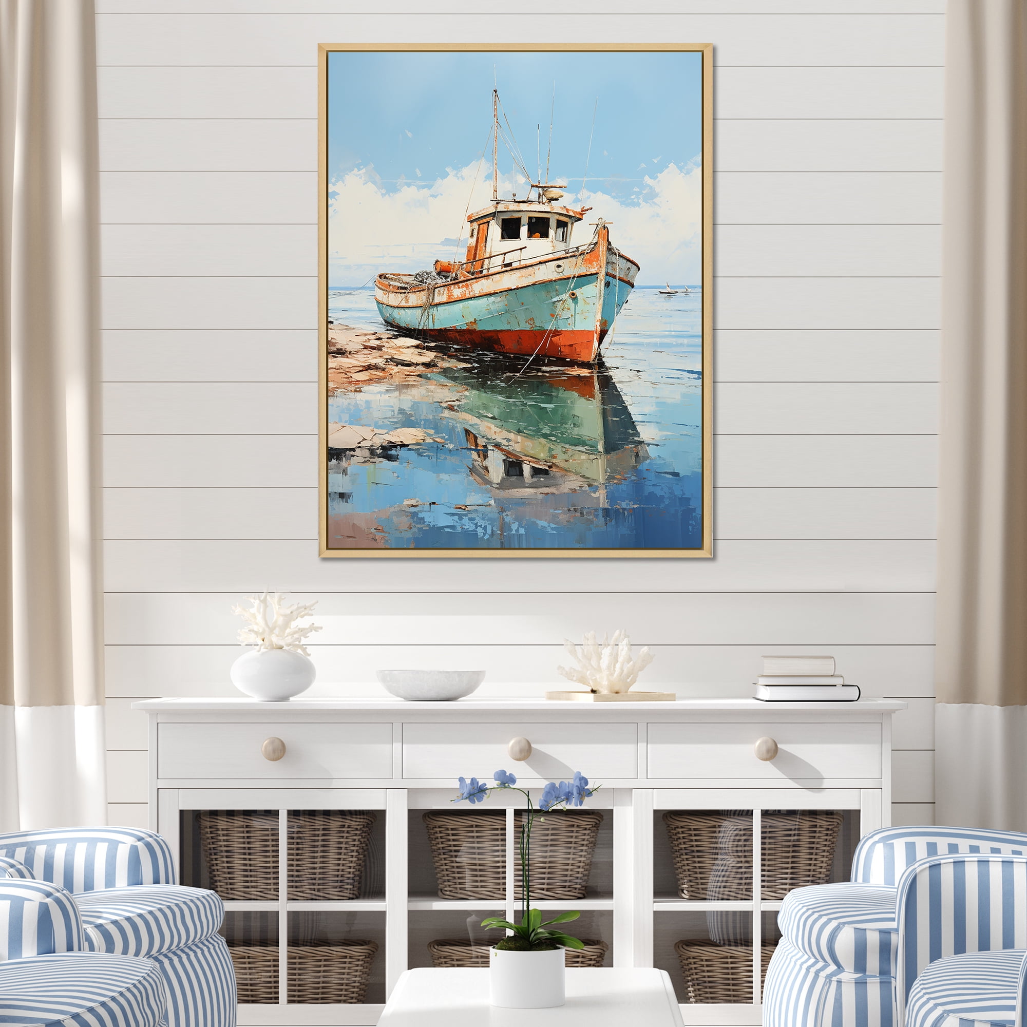 Designart "Harbor Docked Fishing Vessel I" Coastal Boat Floater Framed ...