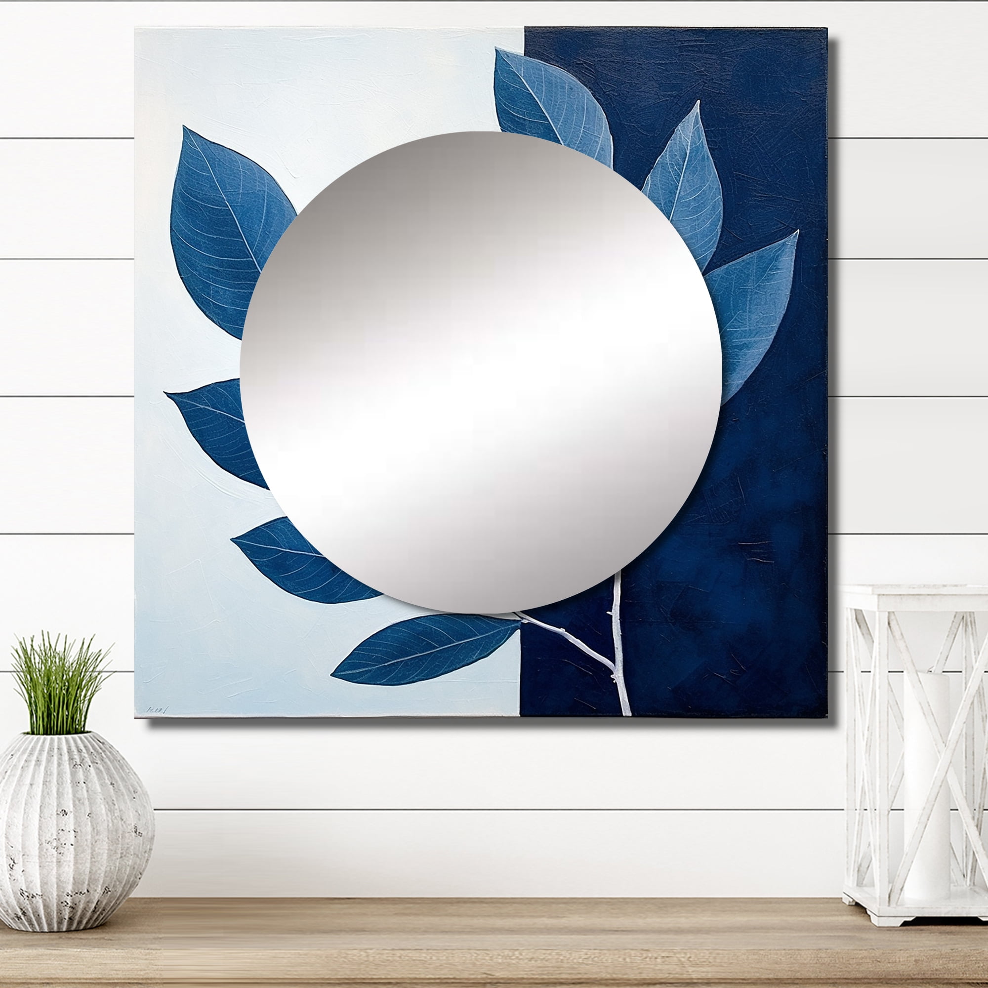 Designart "Harmonious Blue Indigo Leaves I" Leaves Square Mirror Wall ...