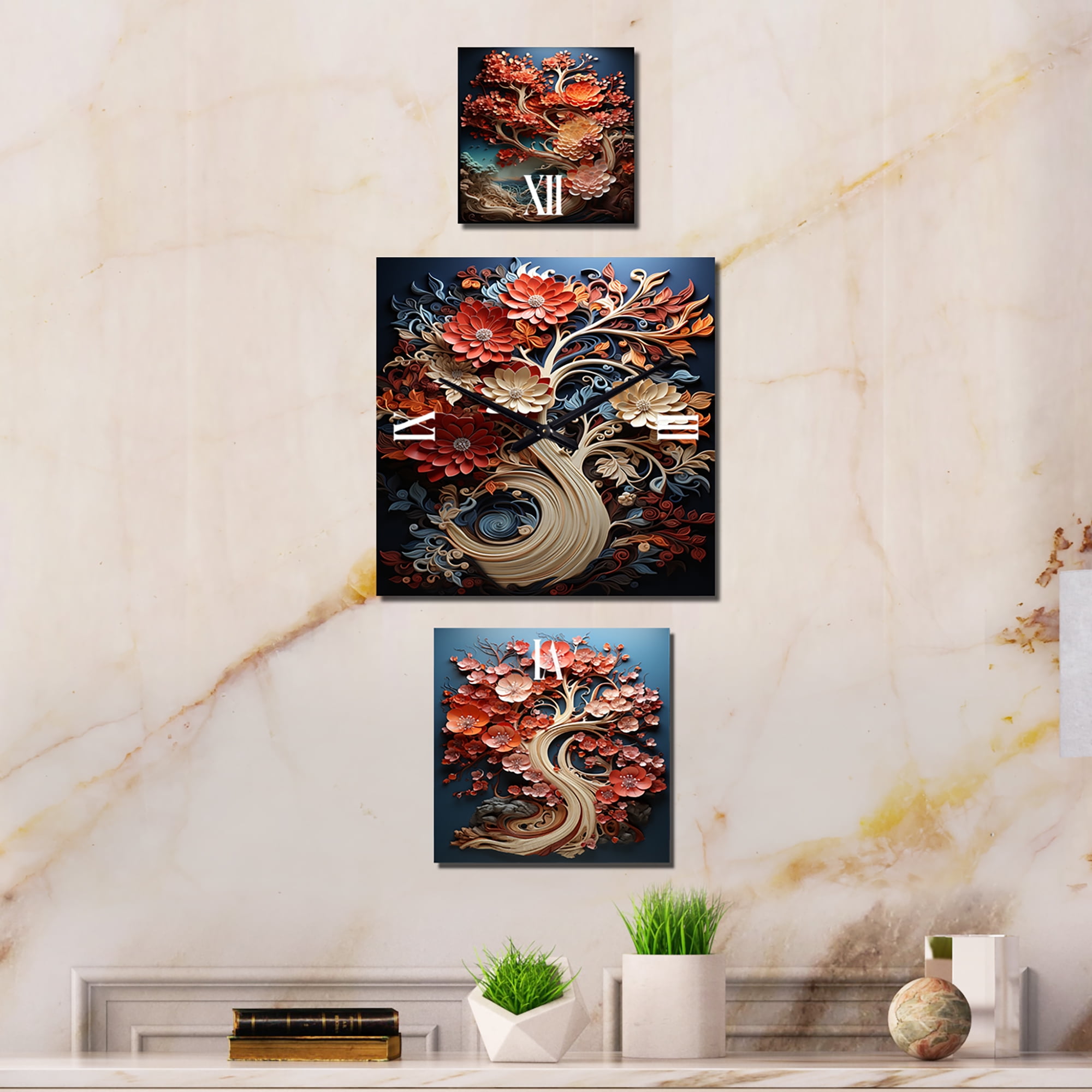 Designart "Harmonious Coral Toned Trees" Trees Extra large Clock For ...