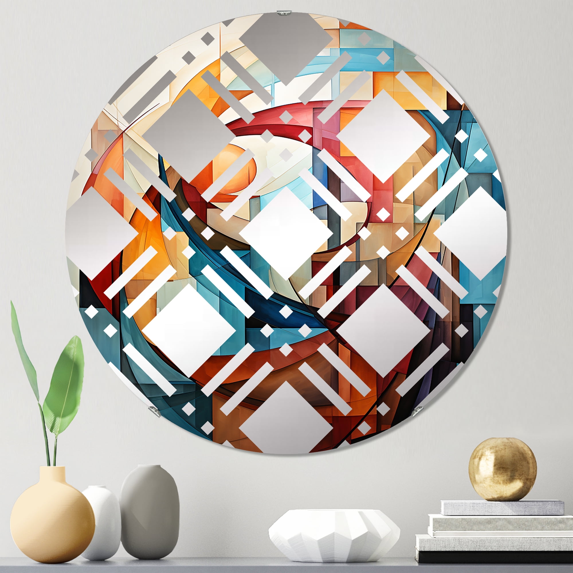 Designart "Harmonious Cubist Shapes" Cubism Plaid Round Wall Mirror ...