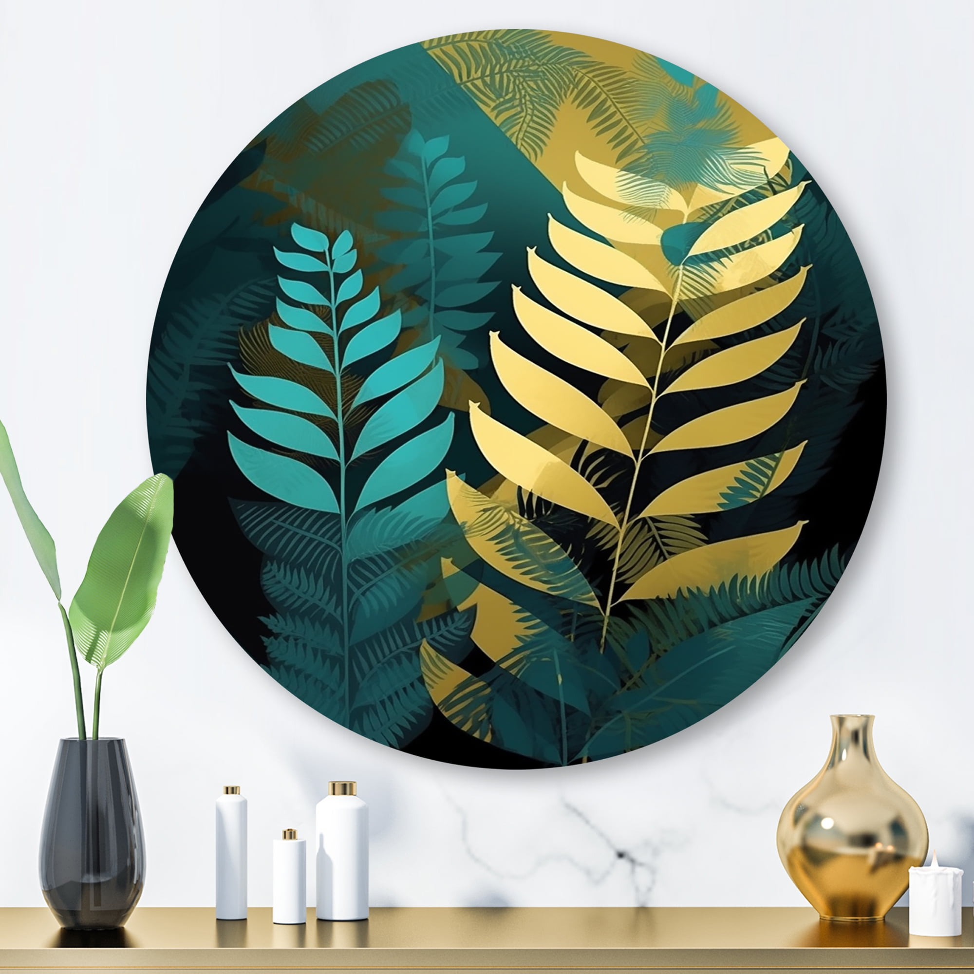Designart "Harmonious Ferns Green III" Floral Ferns Metal Round Art ...