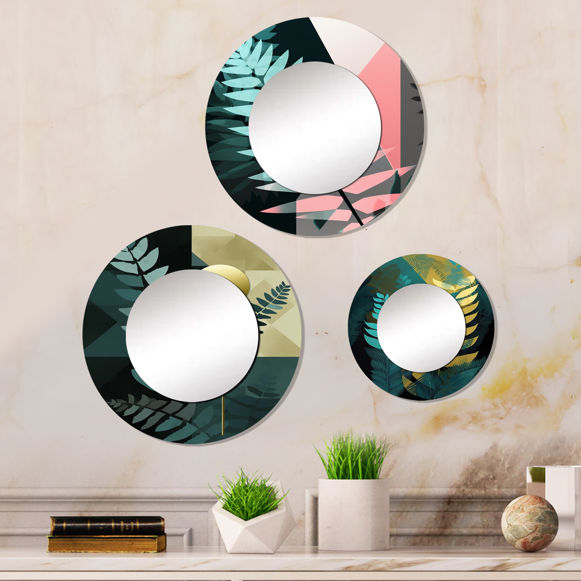 Designart "Harmonious Ferns Green III" Floral Ferns Round Mirror Set Of ...