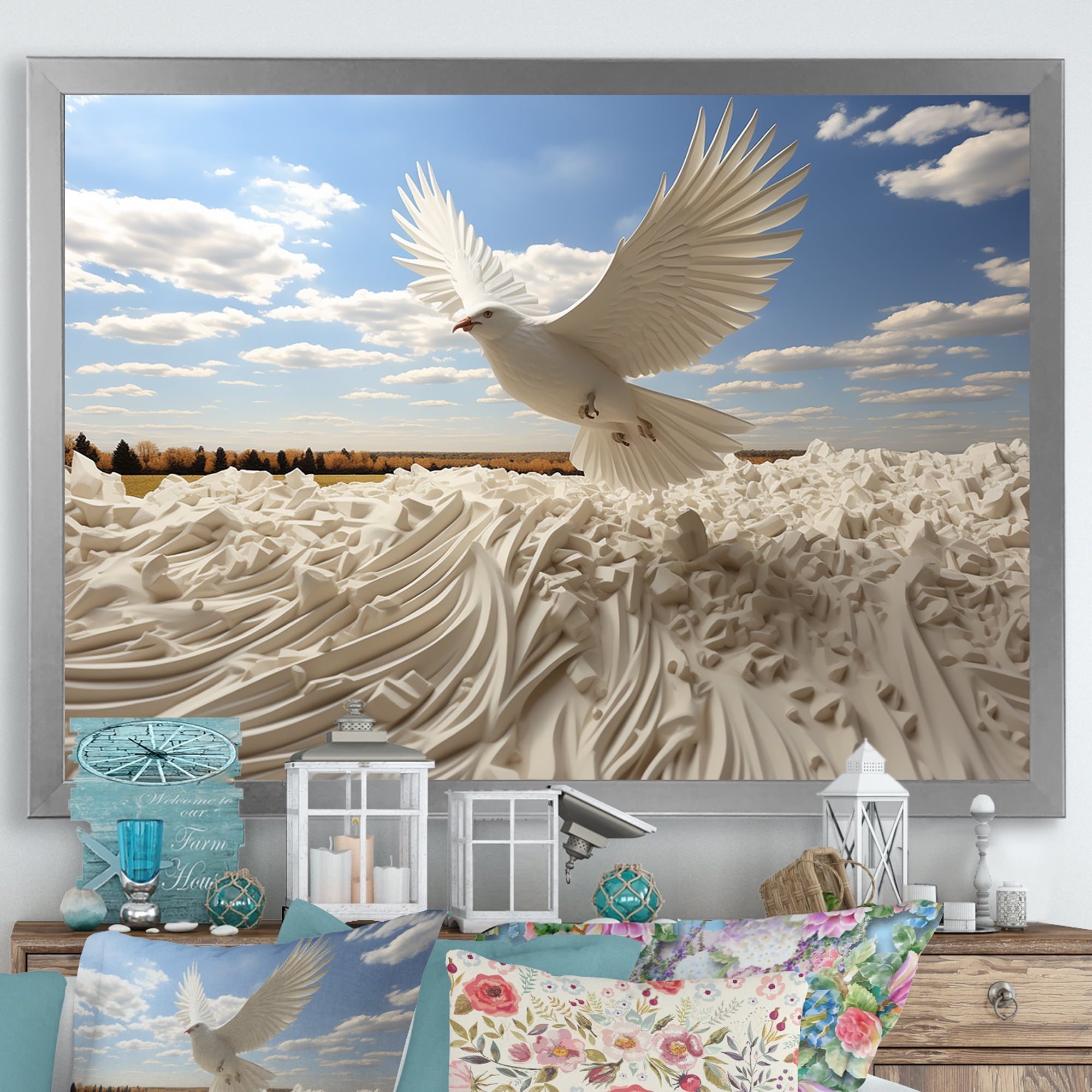 Designart "Harmonious Flight White Dove" Animals Framed Wall Art Decor ...