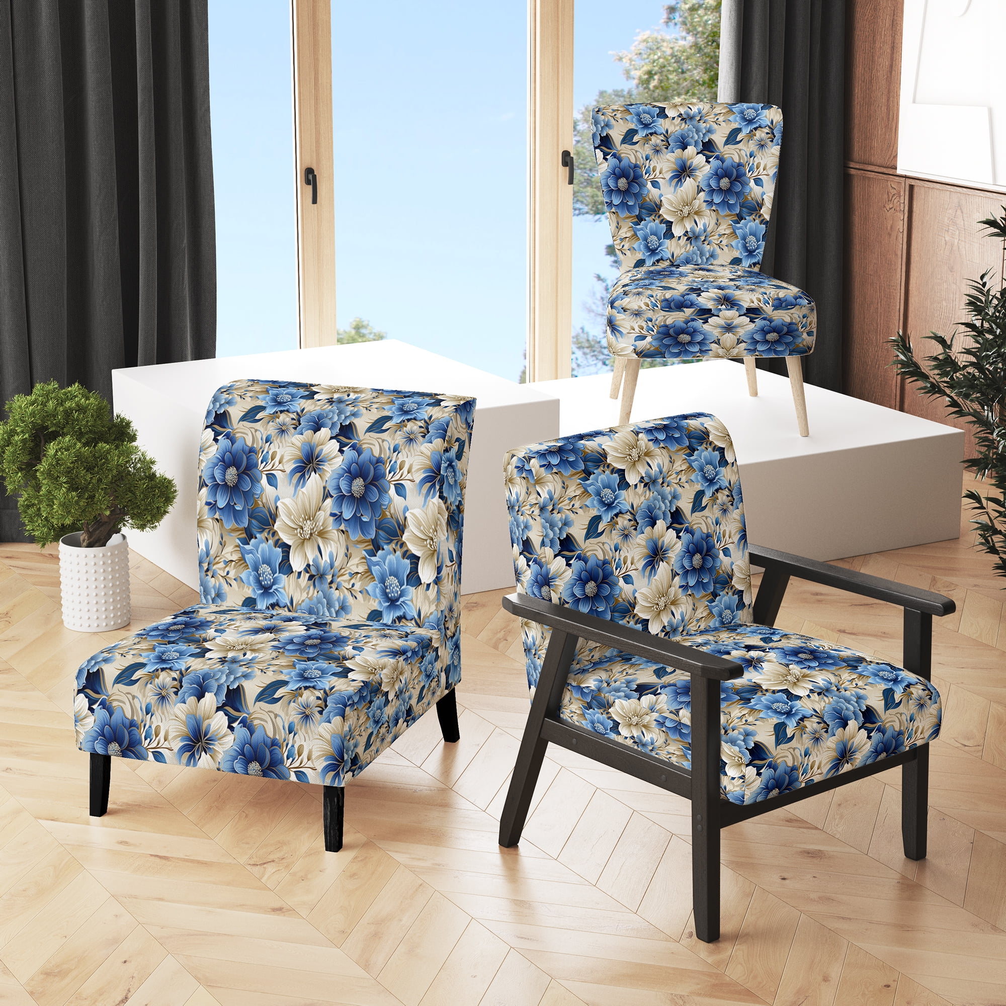 Designart "Harmonious Floral Symphony I" Blue Dream Upholstered Accent ...