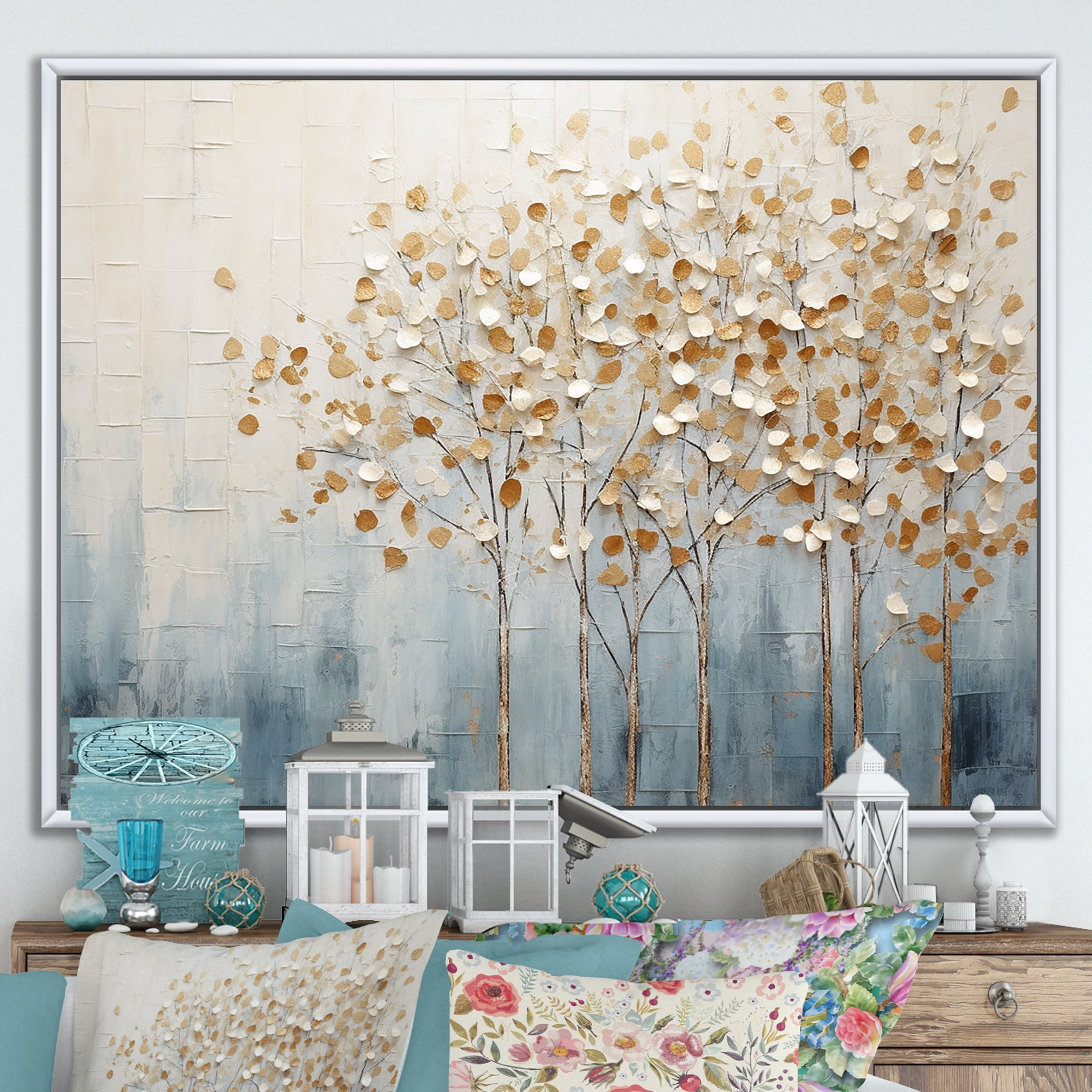 Designart "Harmonious Gold And Blue Trees V" Landscape Trees Floater ...