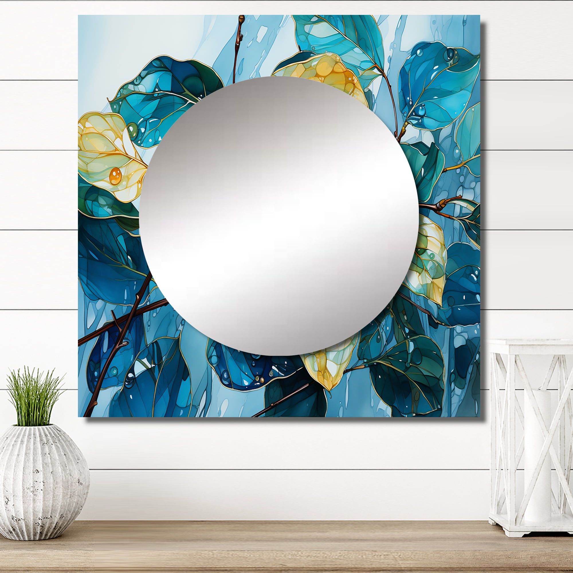 Designart "Harmonious Liquid Art Charmed By Leaves" Leaves Square ...