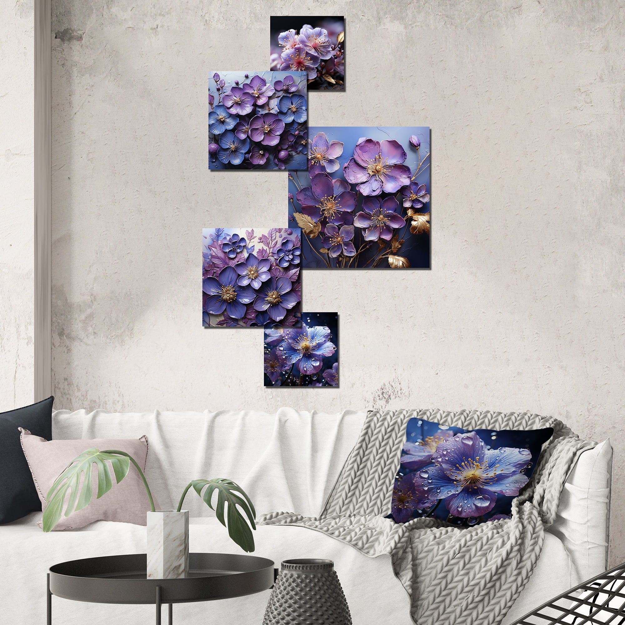 Designart "Harmonious Organics" Violets Wall Art Set Of 5 - Purple ...
