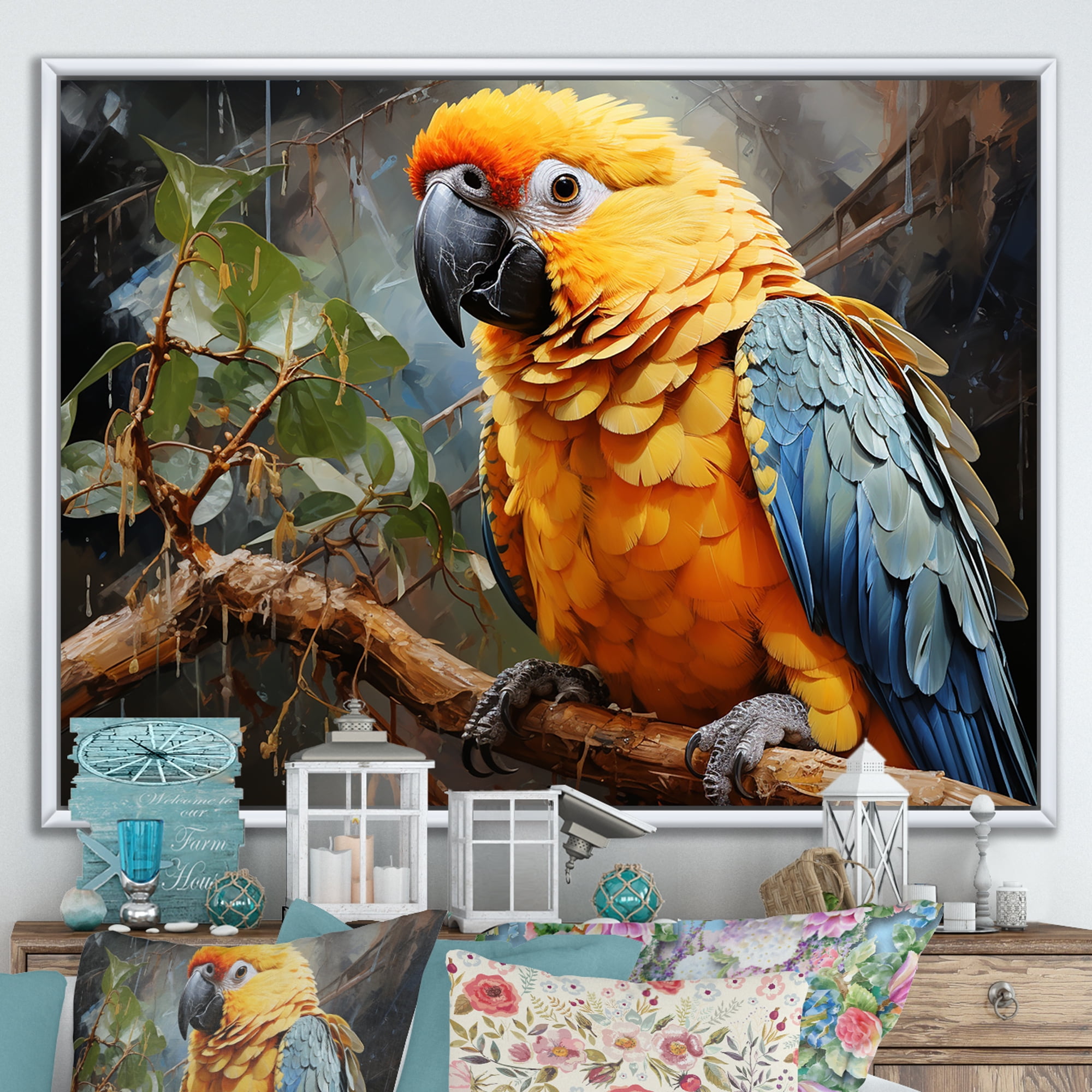 Designart "Harmonious Tropical Melody Of Parrots I" Parrot Floater ...