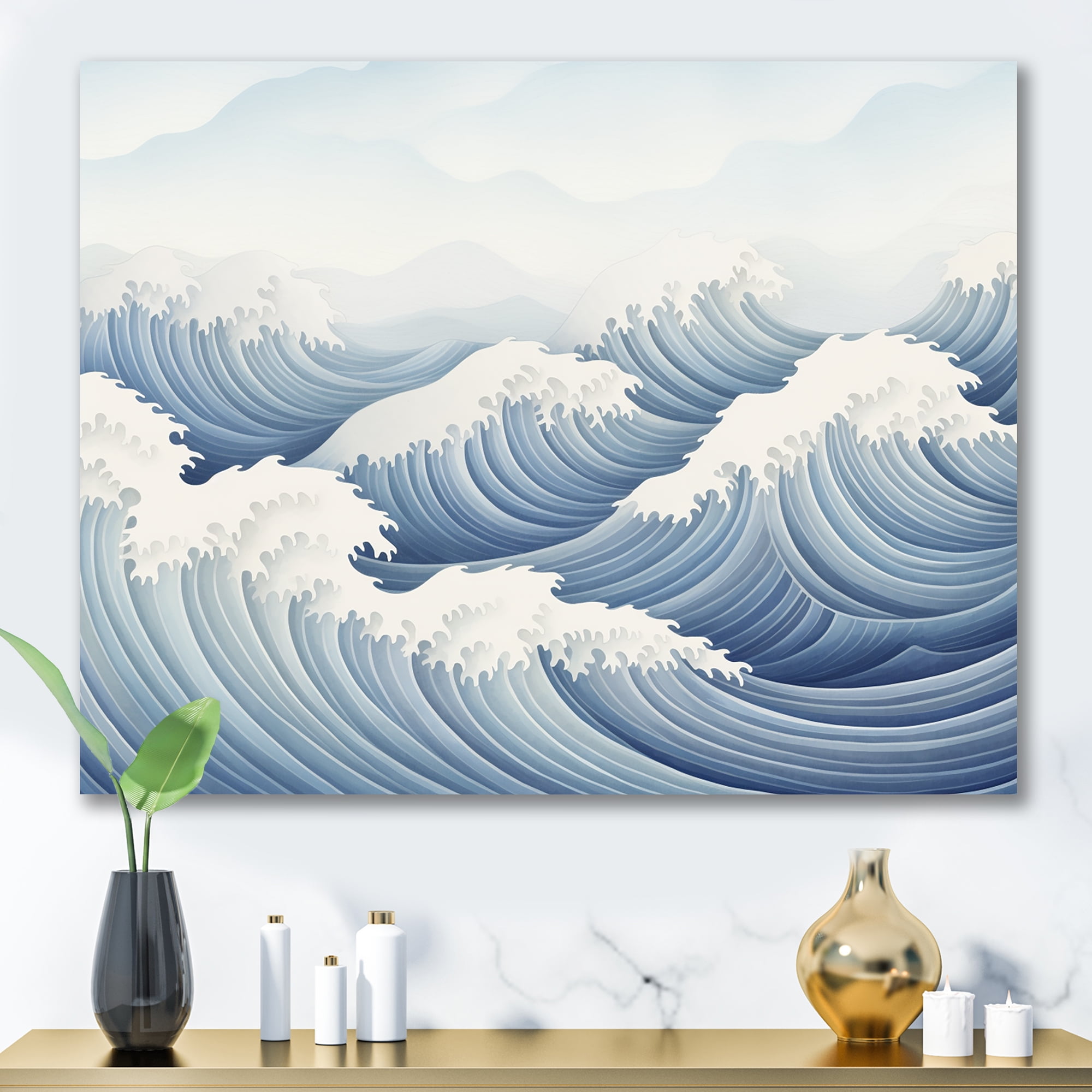 Designart "Harmonious Waves Blue Tides" Oversized Abstract Wall Art - Modern Blue Abstract ...