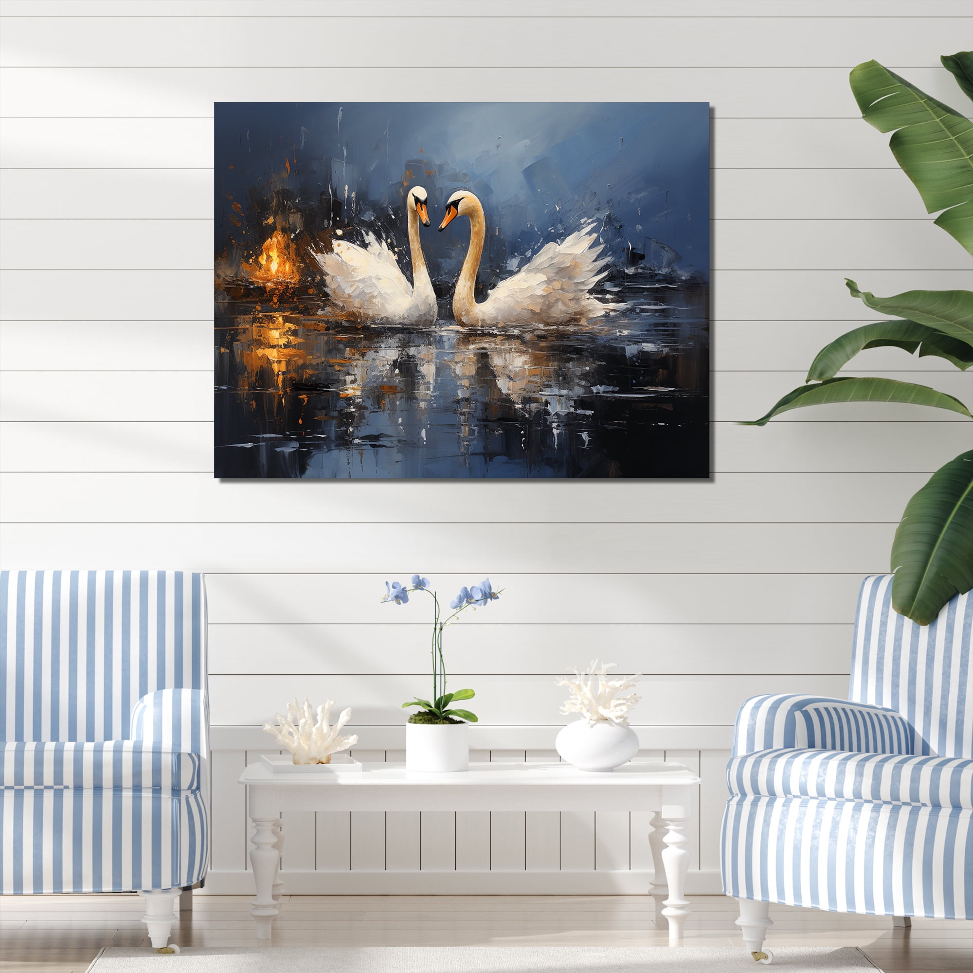 Designart "Harmonious White Swans by Moonlight I" Animals Wall Art ...