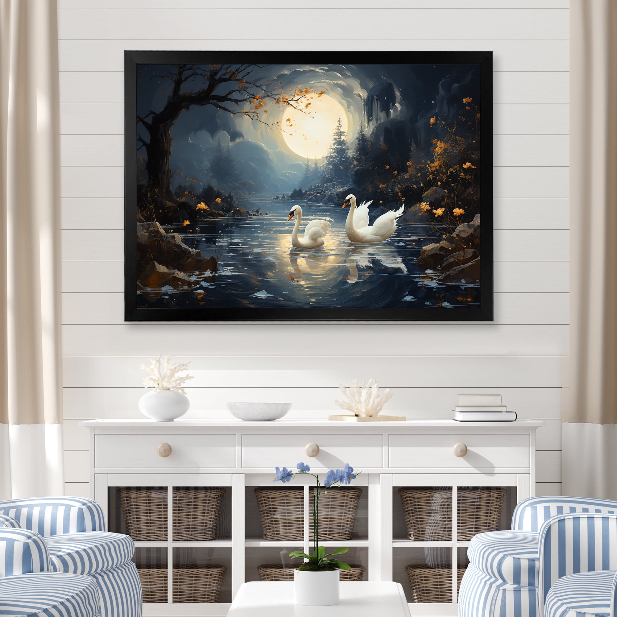 Designart "Harmonious White Swans by Moonlight II" Animals Framed Wall ...