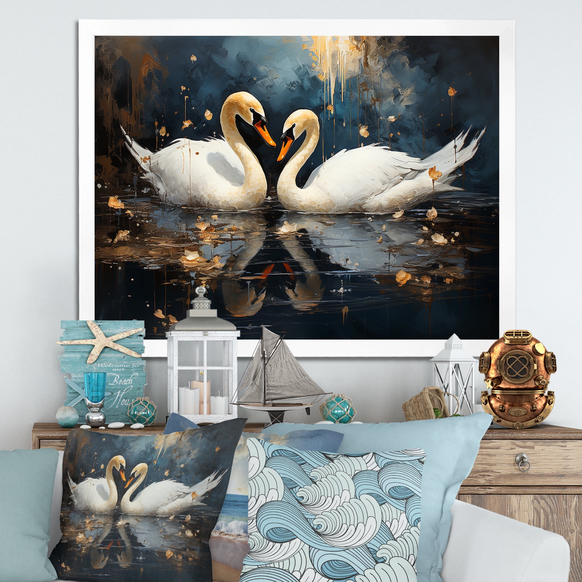 Designart "Harmonious White Swans by Moonlight III" Animals Framed Wall ...