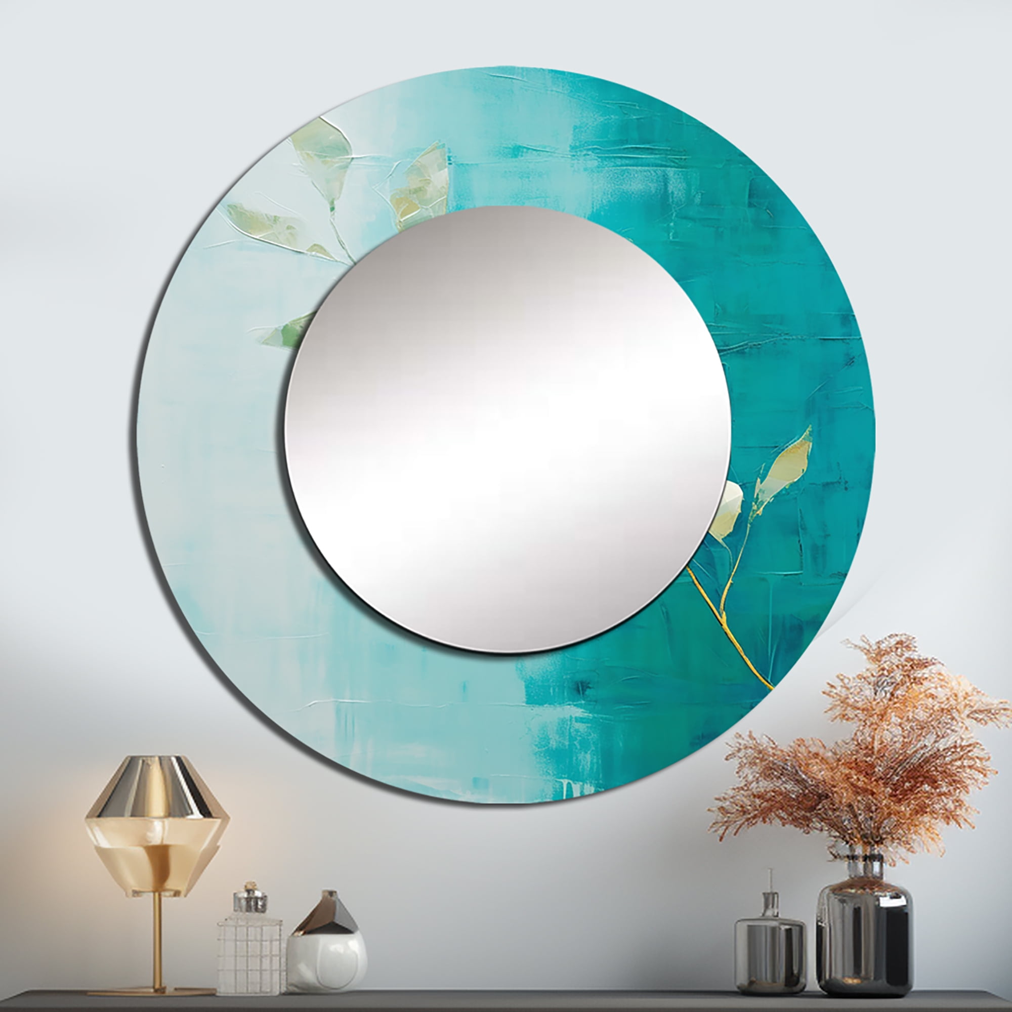 Designart "Harmony In Abstract Turquoise Leaves" Leaves Round Mirror ...