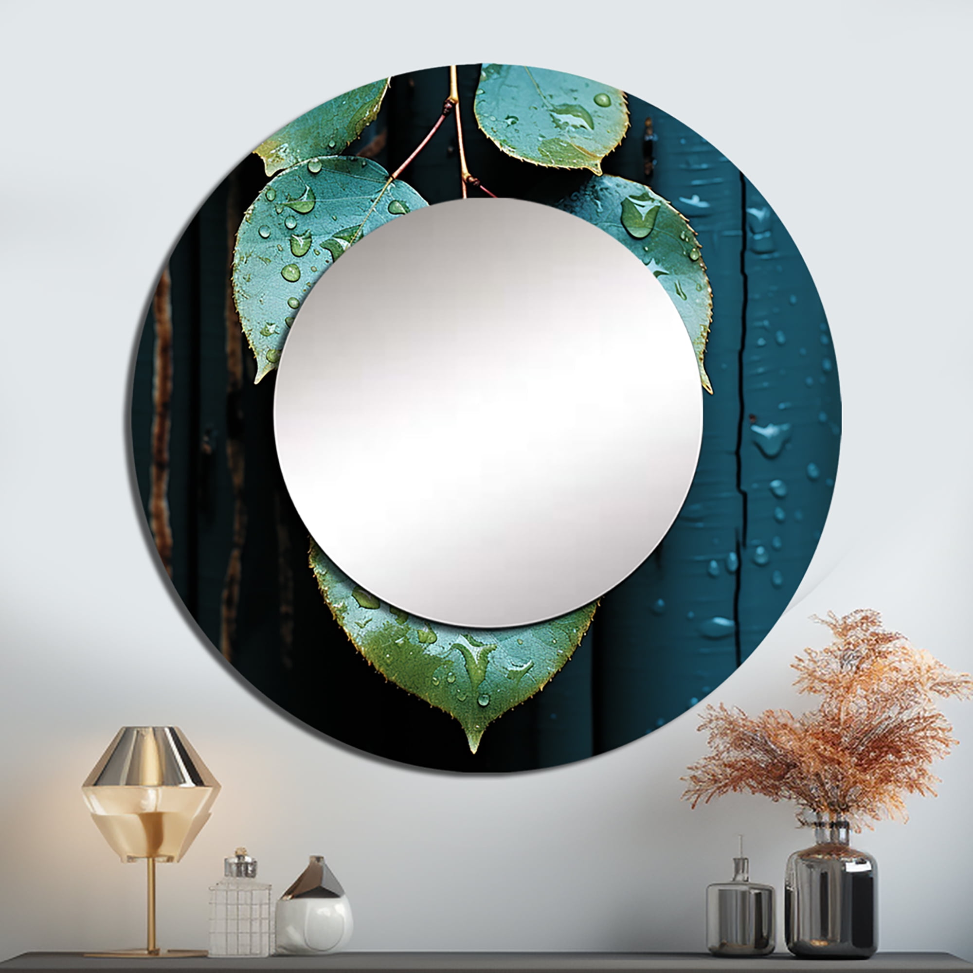 Designart "Harmony In Aqua Leaf Photography" Leaves Rund Mirror For ...