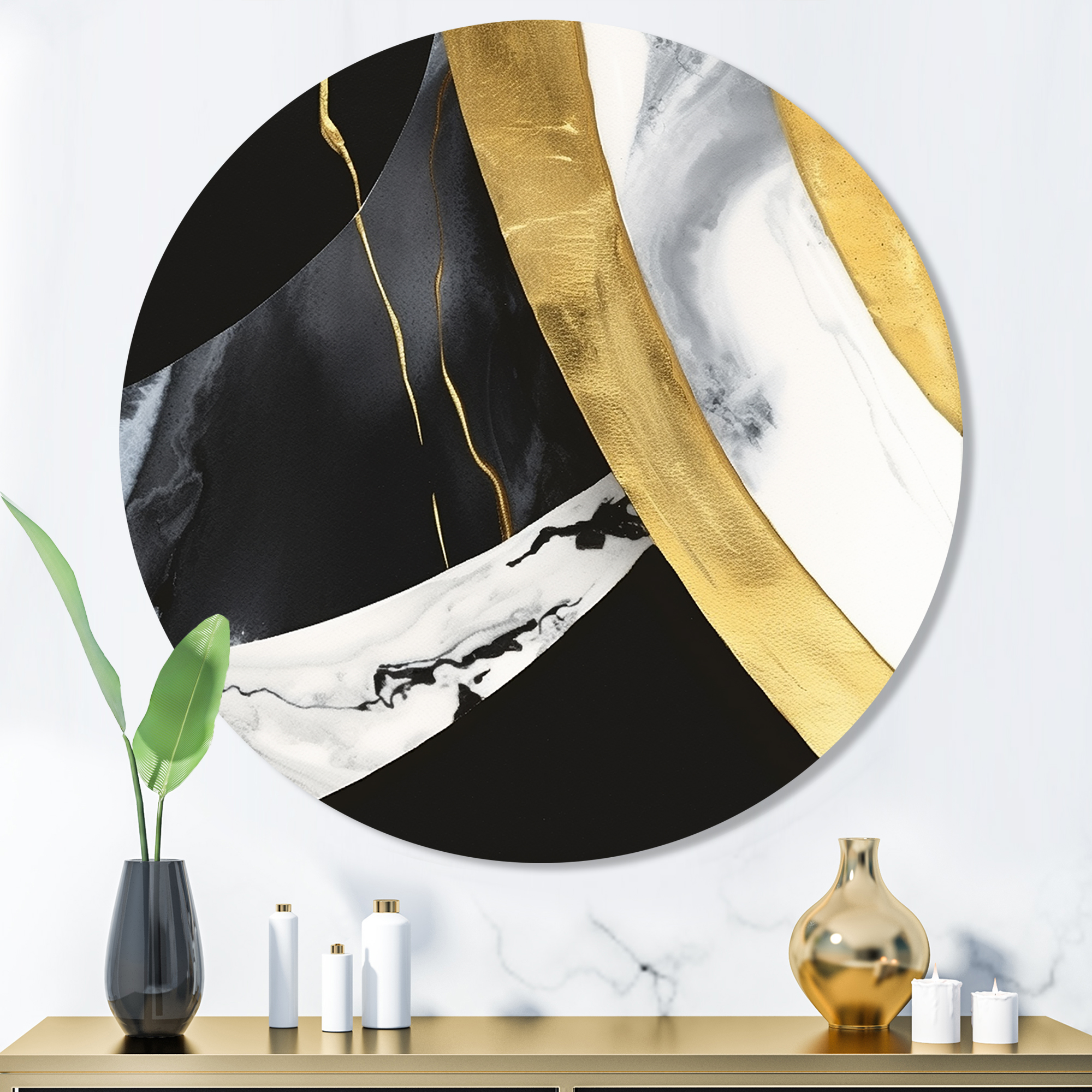 Designart "Harmony of Marble Black and Gold IV" Abstract Marble Round ...