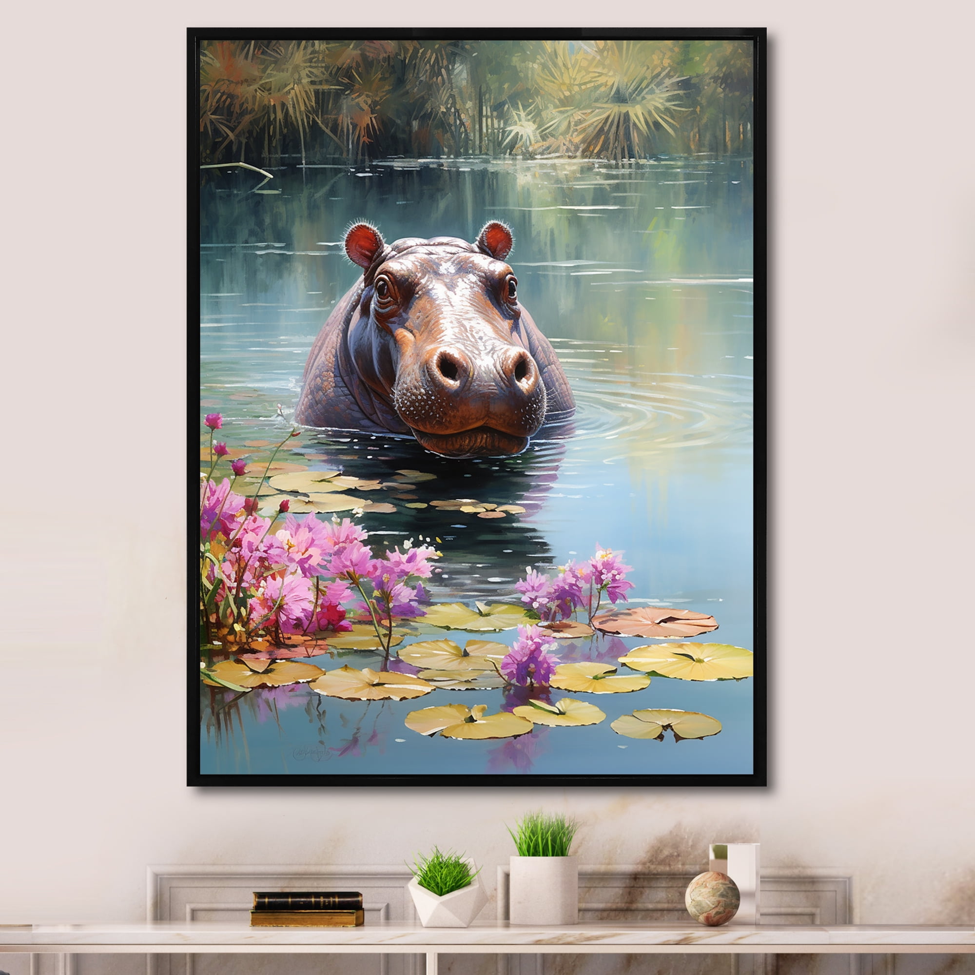 Designart "Haven for African Hippos II" Animals Framed Wall Art ...
