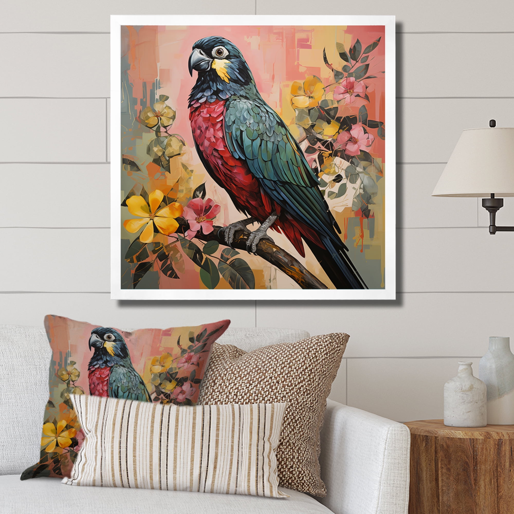 Designart "Hawk in Blue and Pink Tropical Tree I" Animals Framed Wall ...