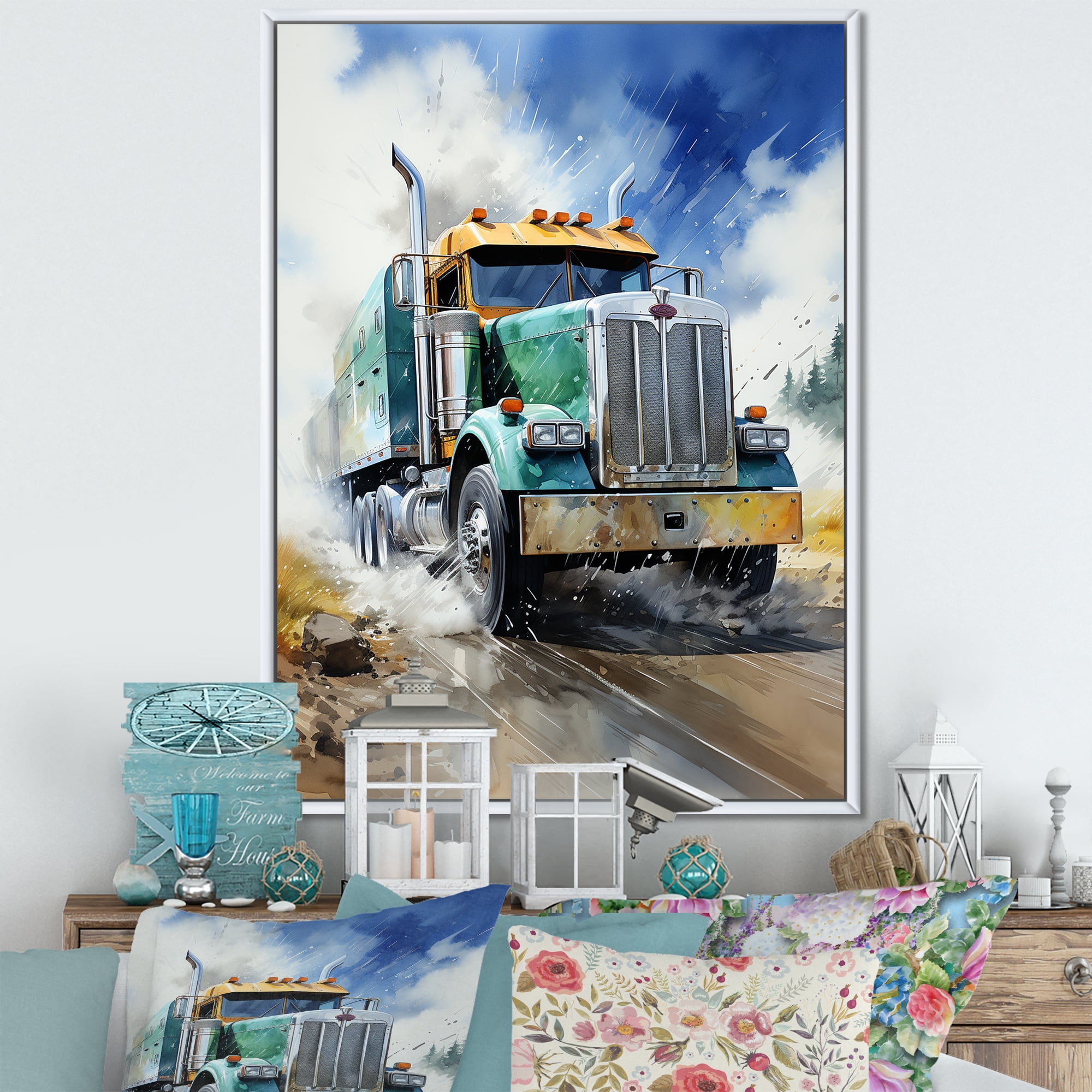 Designart "Heavy Duty Hauler Semi Truck Power I" Truck Floater Framed ...
