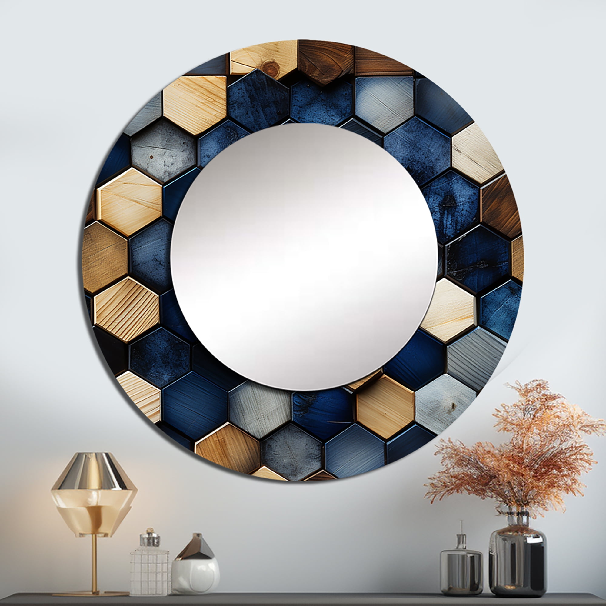 Designart "Hexagonal Harmony In Beige And Blue" Geometric Rund Mirror ...