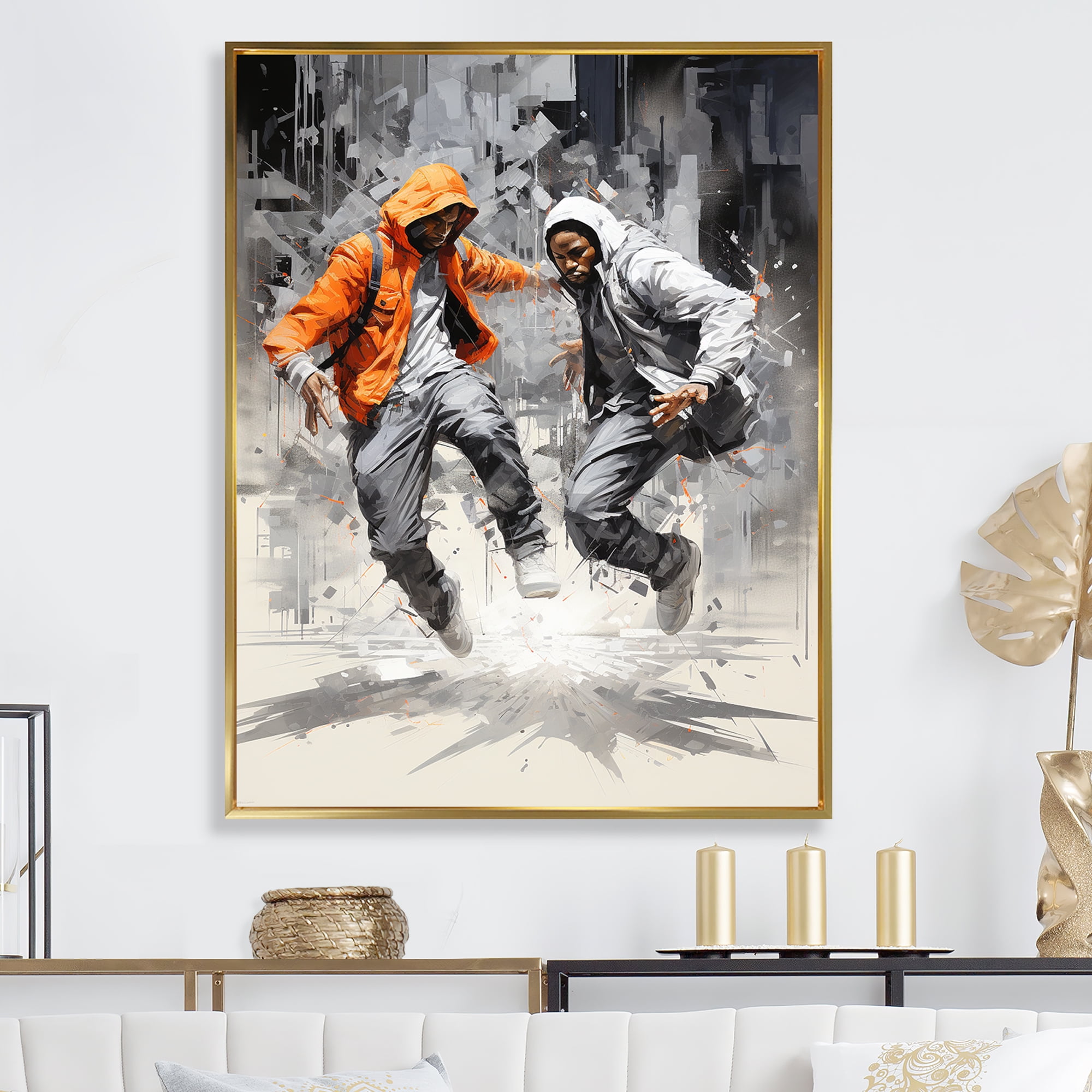 Designart "Hip Hop Dance In Black And Orange" Dance Floater Framed Wall ...