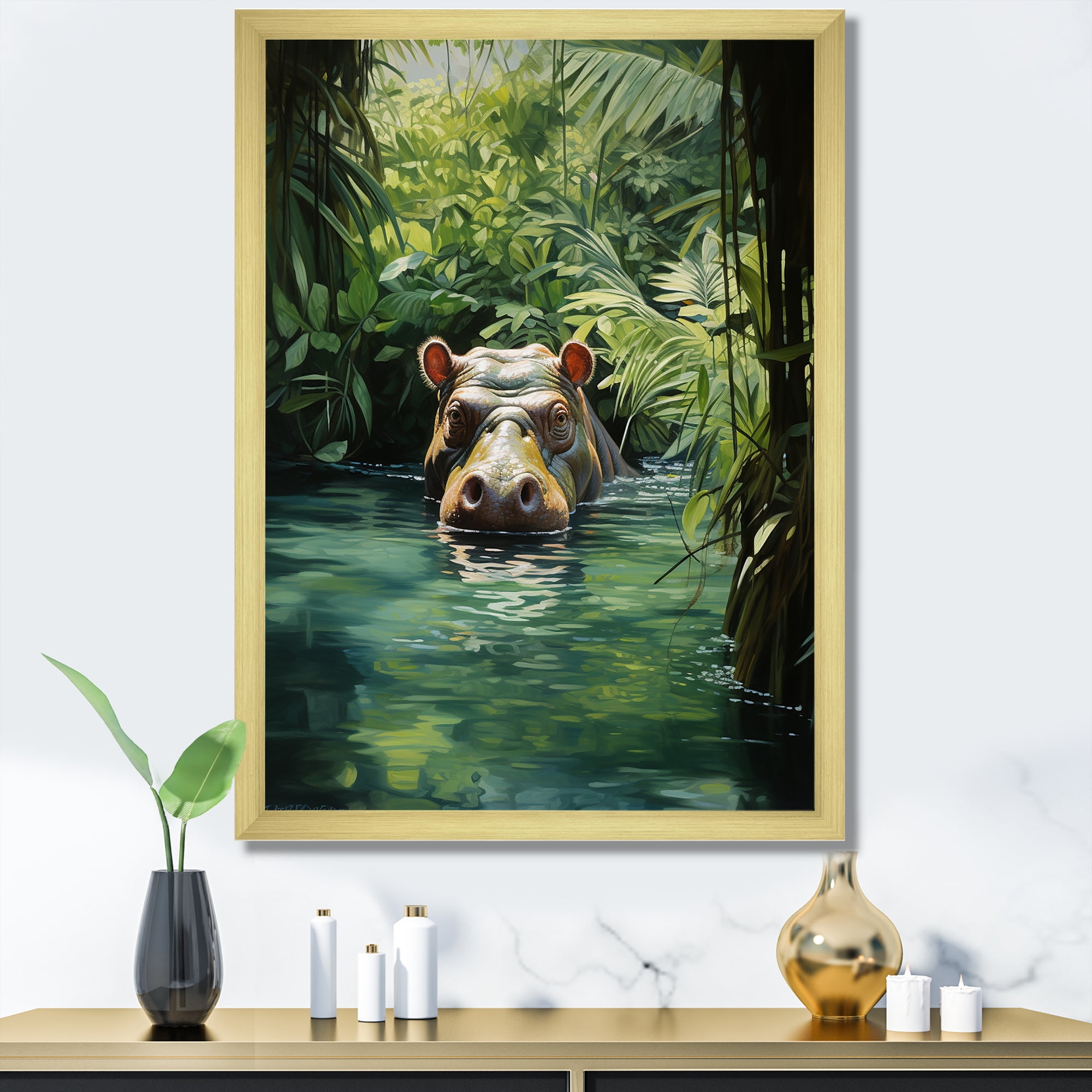 Designart "Hippo's Secret Hideaway I" Animals Framed Wall Art - Modern ...