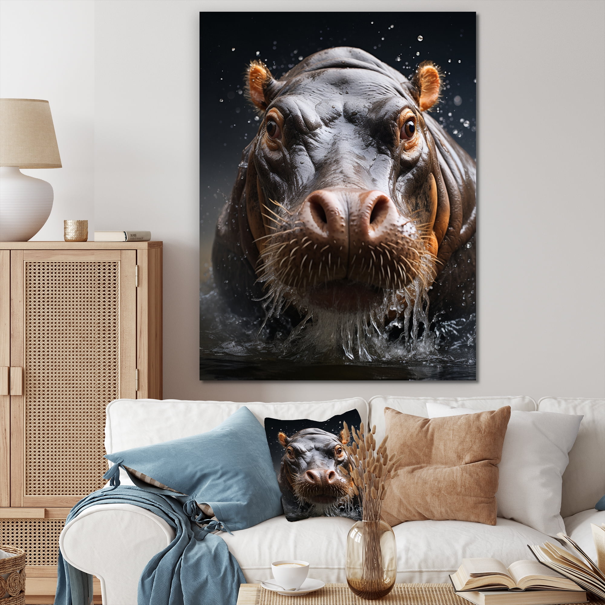 Designart "Hippopotamus Selfy Animal I" Animals Wall Art Living Room ...