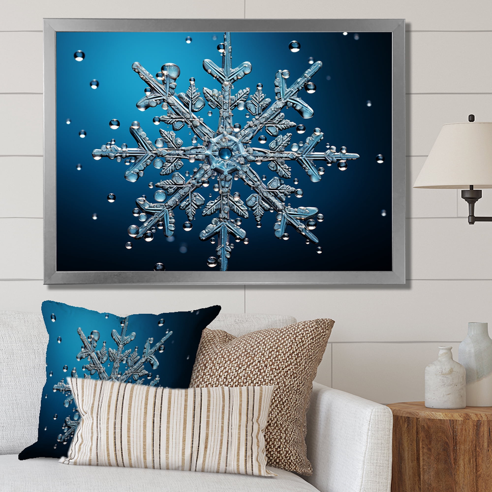 Designart "Holiday with Blue Snowflakes II" Landscapes Framed Wall Art ...