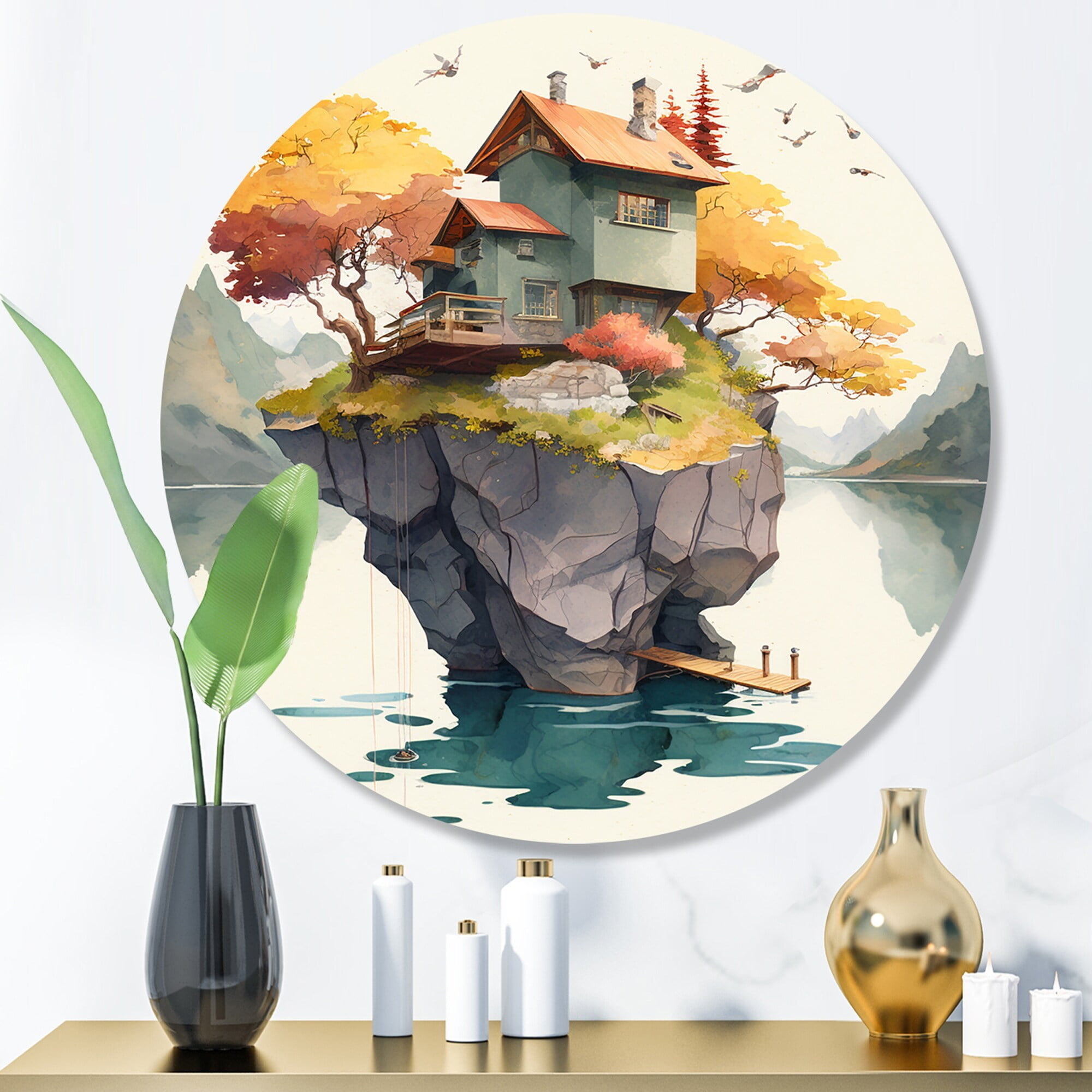 Designart "Home on a Private Island II" Landscape Modern Metal Round ...