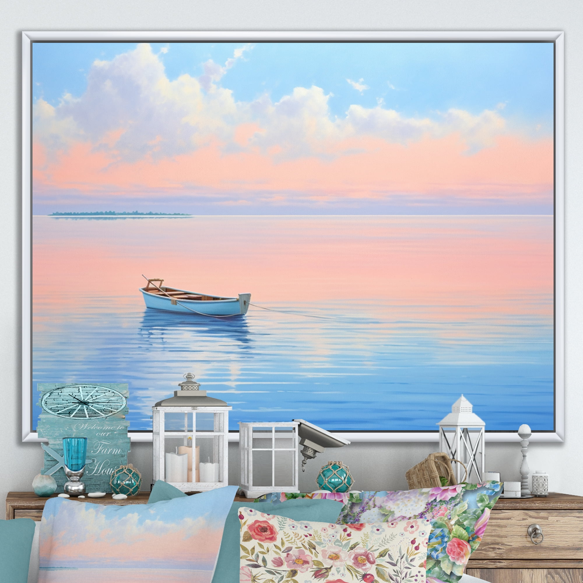 Designart "Horizon Boat Harmonious I" Transportation Floater Framed ...