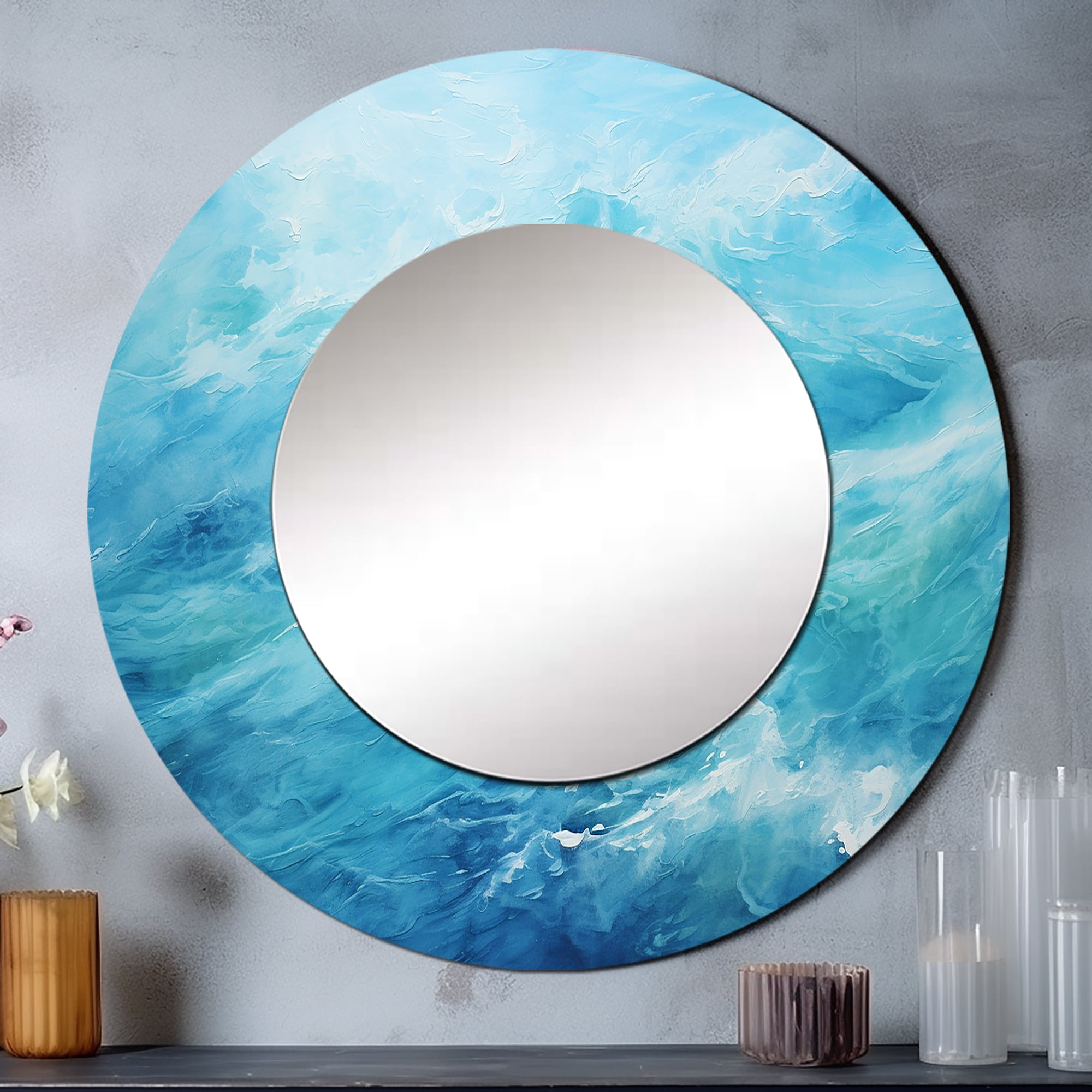 Designart "Horizon of Azure Blue Lagoon I" Coastal Waves Round Mirror ...