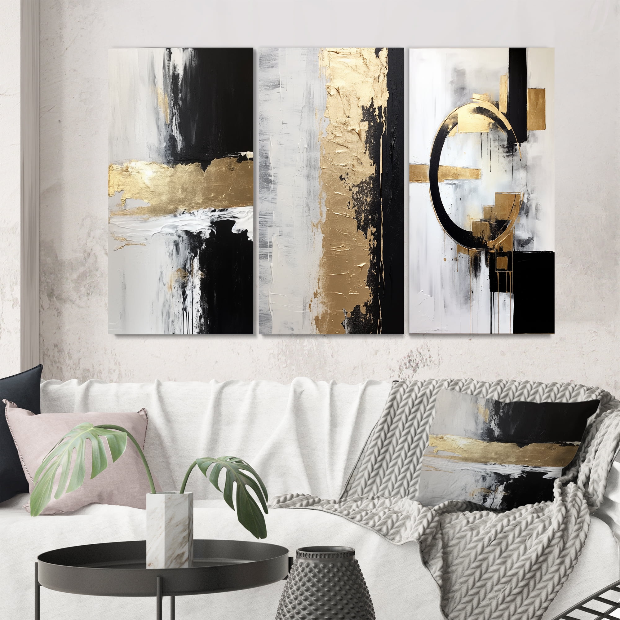 Designart "Horizontal Dimensions Gold and Black Abstract" Abstract ...