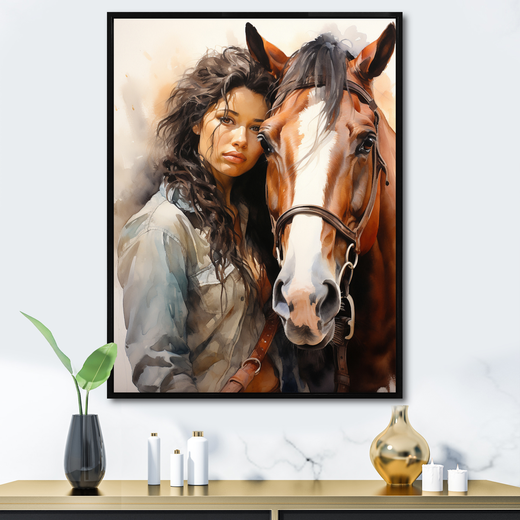 Designart "Horse Bond Cowgirls wall art I" Portrait Floater Framed Wall ...