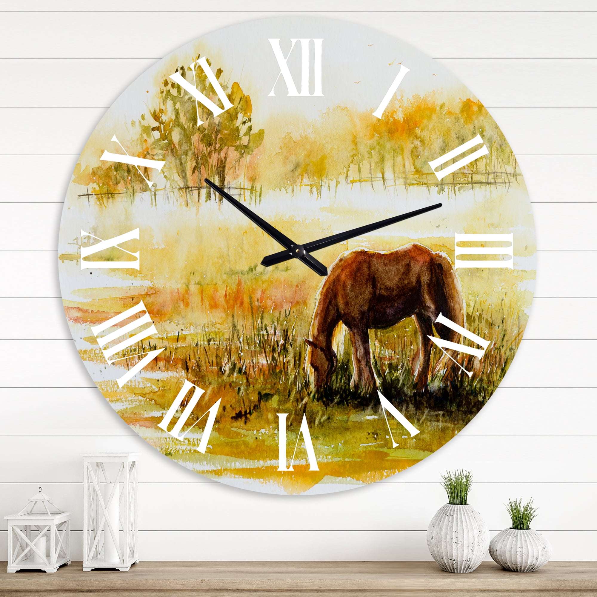Free Shipping! Designart Farm Animal Yellow Aluminum Clock Horse ...