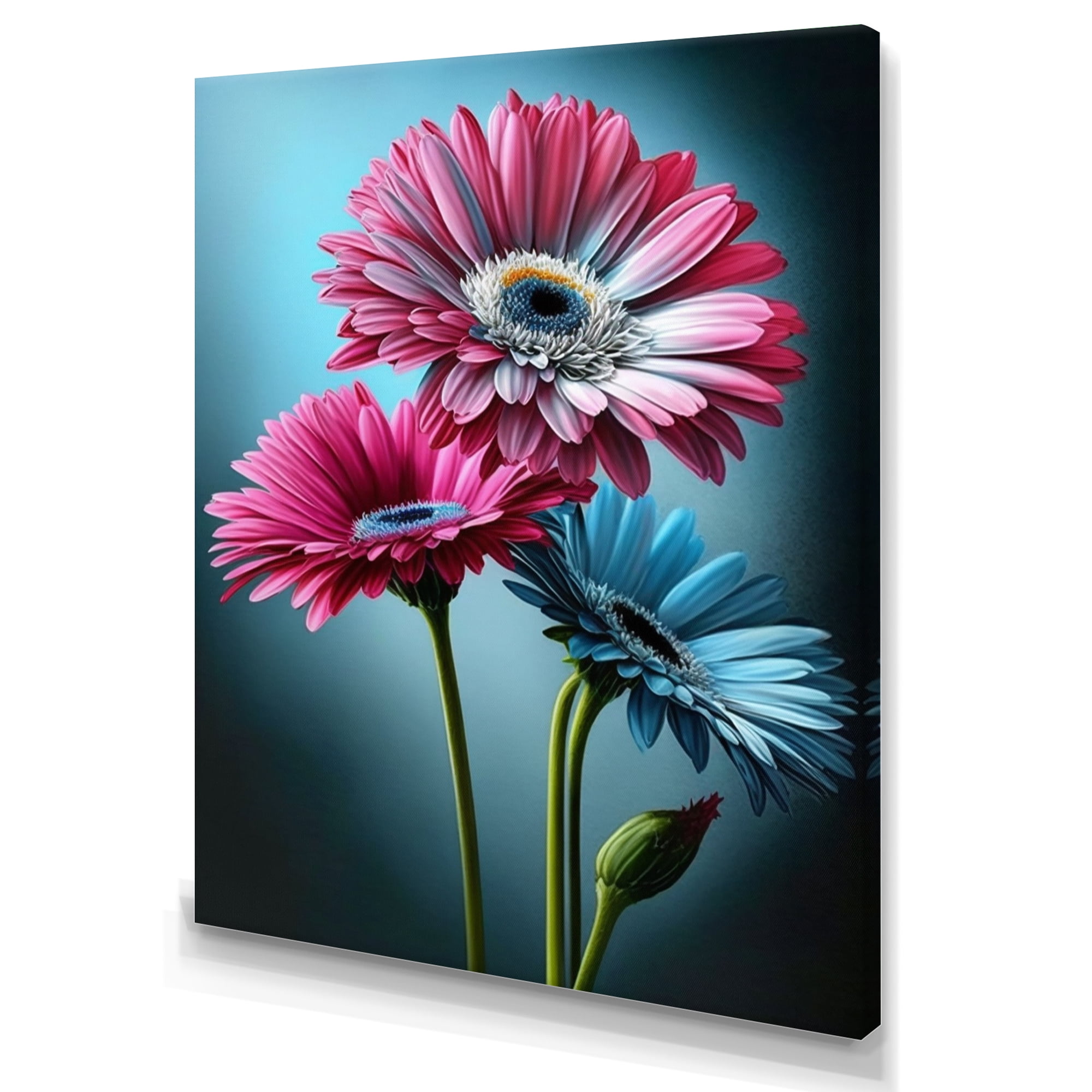 Designart Hyperrealistic Gerbera Pink And Blue Flowers I Canvas Wall ...
