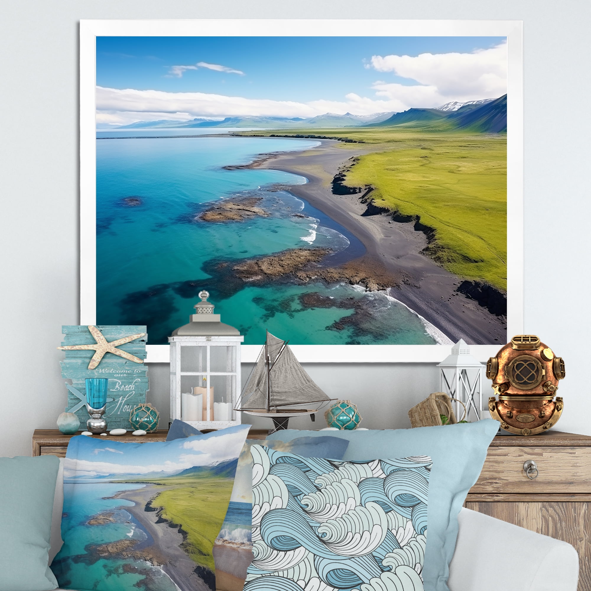 Designart "Icelandic Coastal Beauty Aerial View I" Beach Framed Wall ...