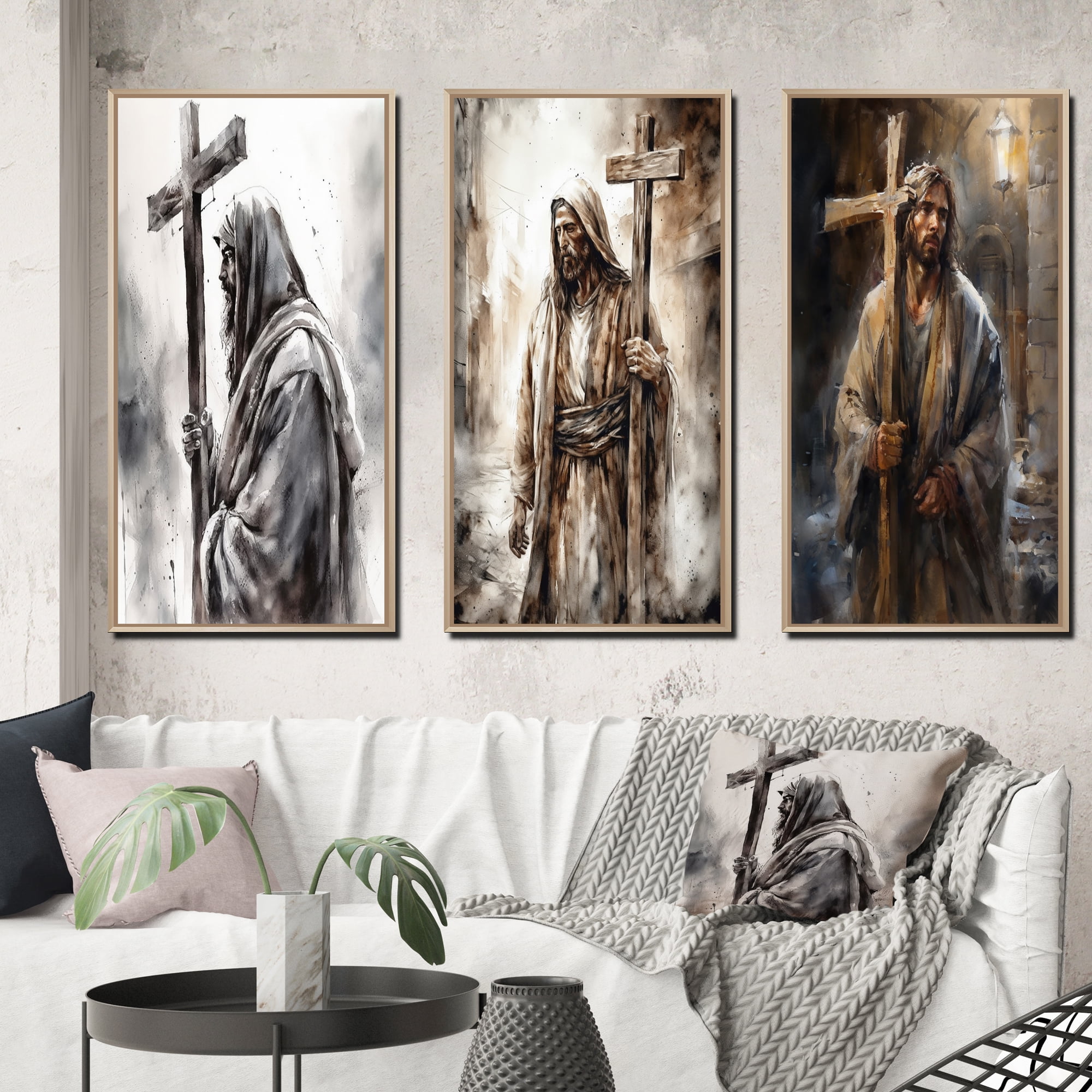 Designart "Iconic Jesus with Cross III" Religious Landscape Framed Wall ...