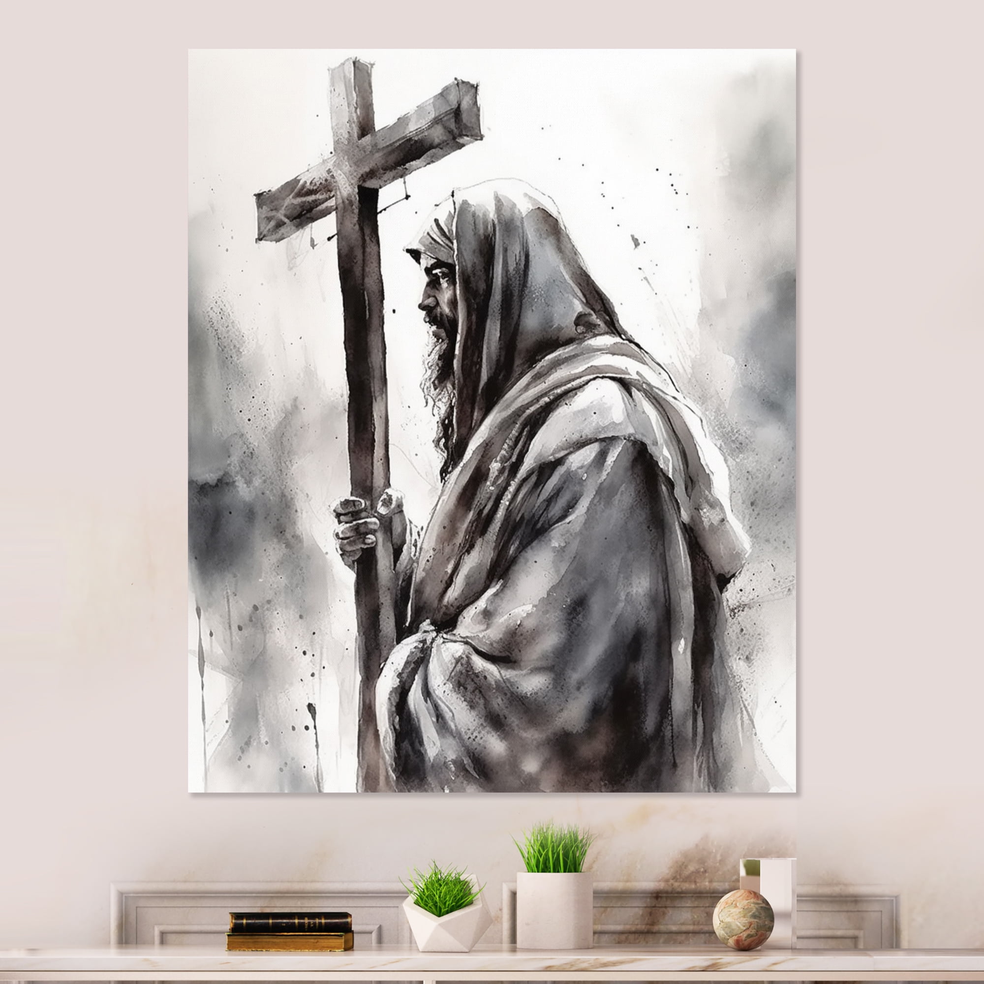 Designart "Iconic Jesus with Cross I" Religious Landscape Metal Wall ...