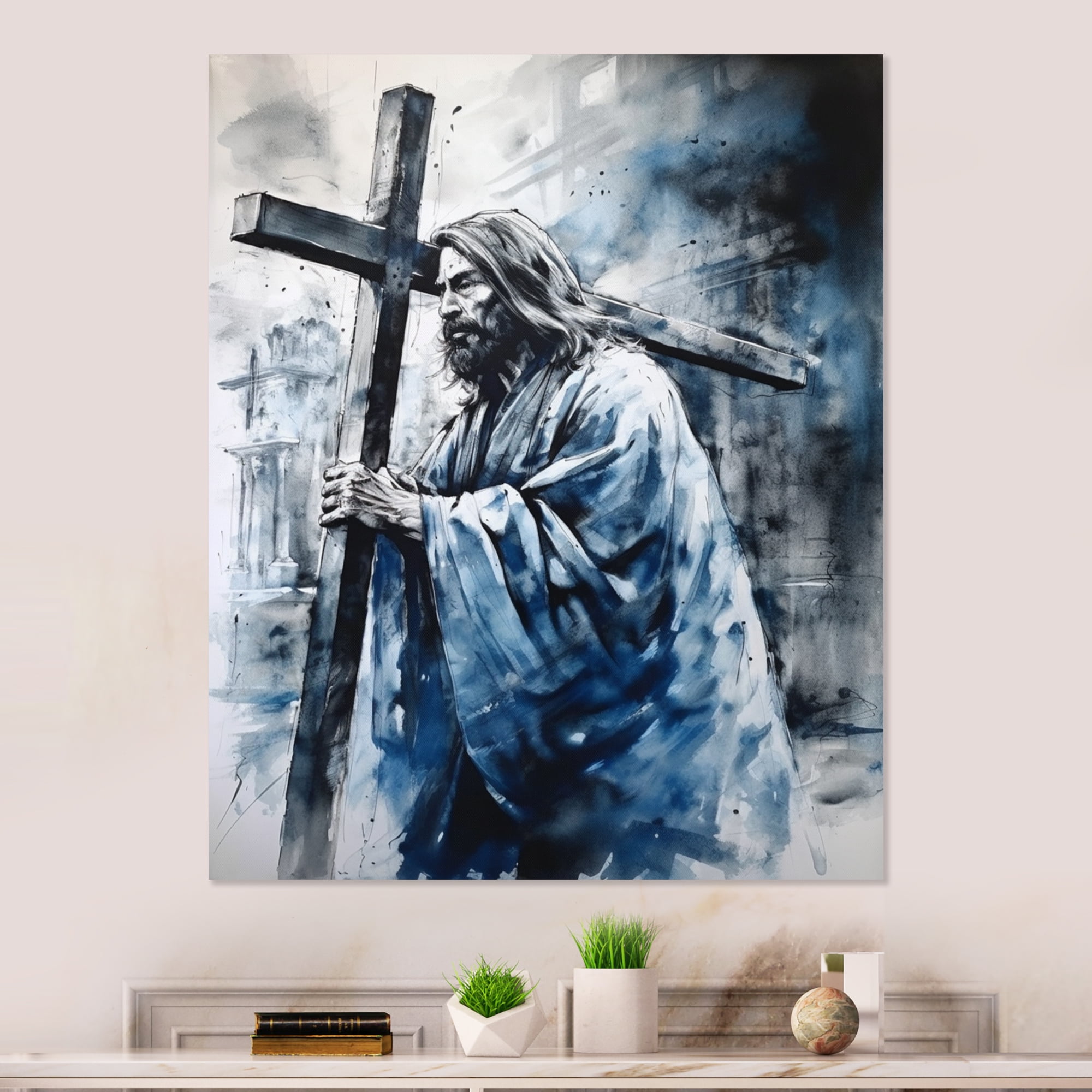 Designart "Iconic Jesus with Cross V" Religious Landscape Metal Wall ...